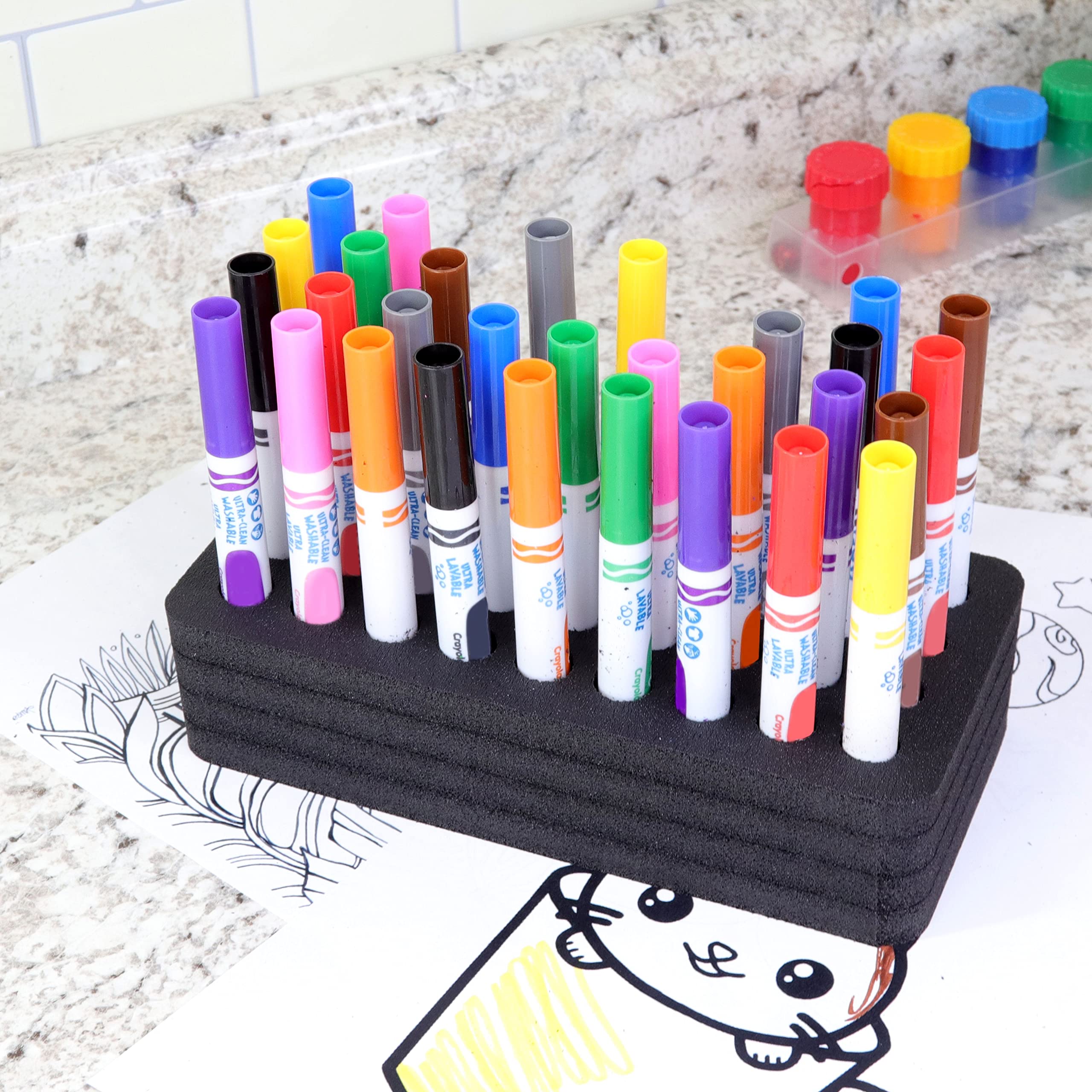 Polar Whale Washable Marker Desk Stand Organizer Compatible with Crayola and Others Design Storage Tray Supply Non-Scratch Non-Rattle Washable Durable Black Foam Holds 36