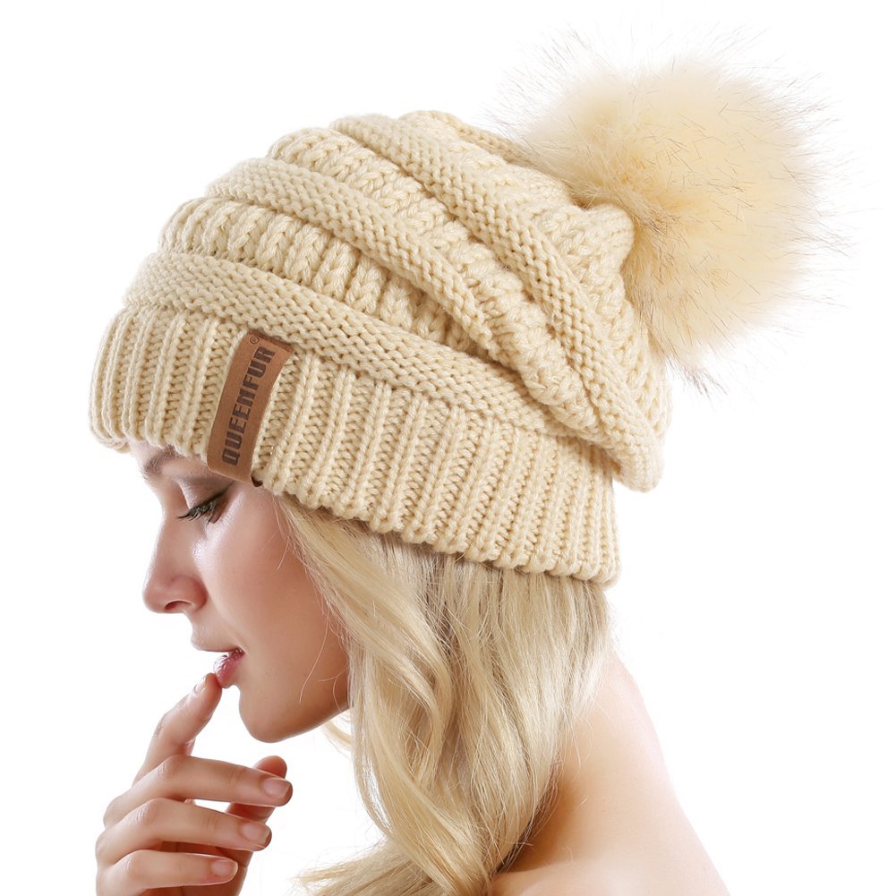 QUEENFUR Women Knit Slouchy Beanie Chunky Baggy Hat with Faux Fur Pompom Winter Soft Warm Ski Cap