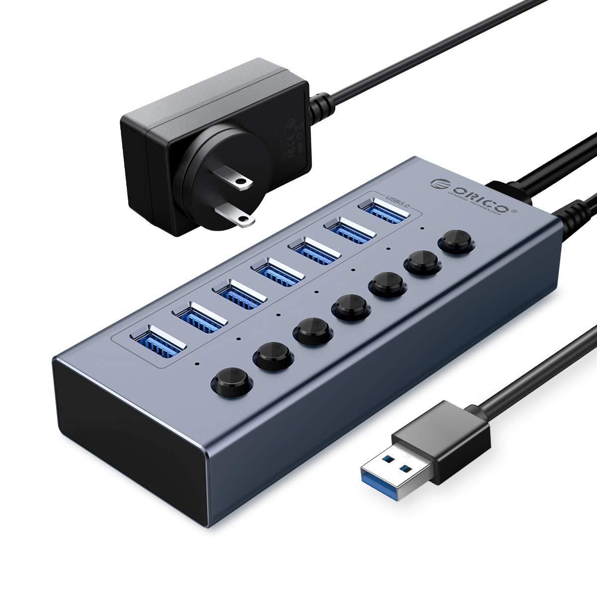 USB 3.0 Hub ORICO Powered 7 Ports USB Data Hub with Individual Switches and Indicator, 12V Power Adapter Support BC1.2 Charging, USB Extension for iMac Pro, MacBook Air/Mini, PS4, Surface Pro, PC