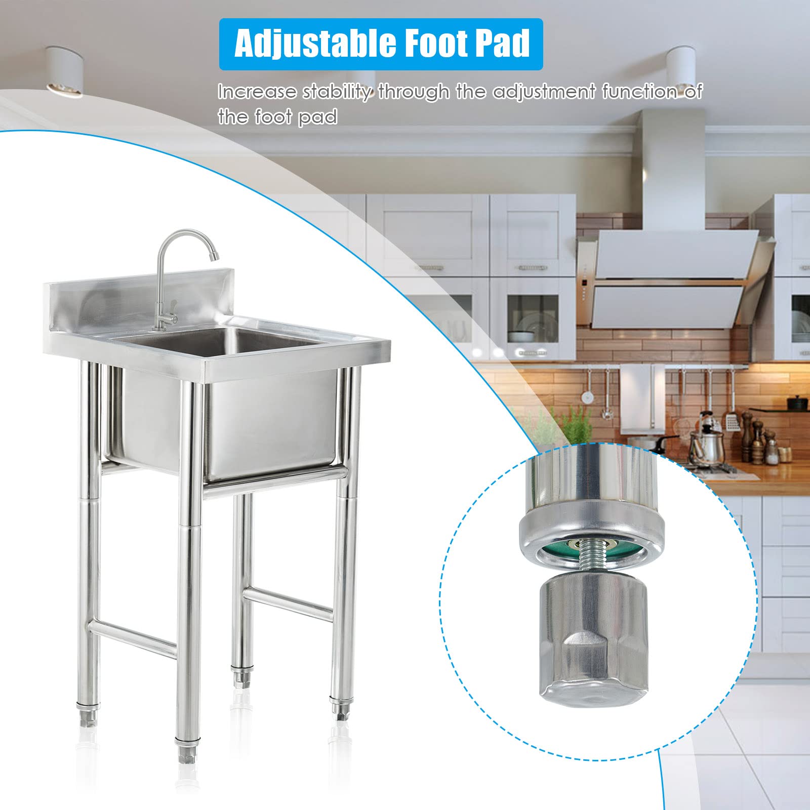 Single Bowl Free Standing Utility Sink, with Faucet and Side Splash, Kitchen Sink For Restaurant, Bar, Laundry, Garage, Backyard, Outdoor