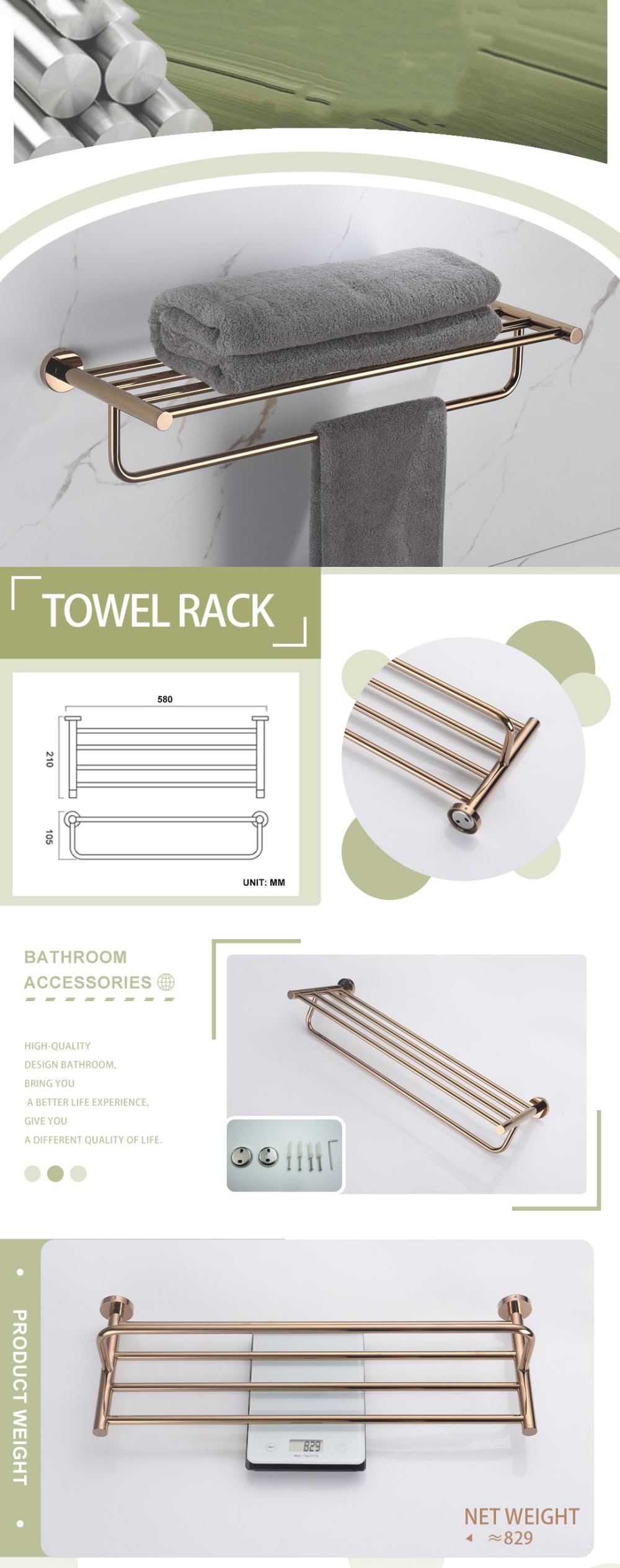 Rose Gold Bathroom Accessories 304 Stainless Steel Towel Rack Toilet Roll Paper Tissue Holder Double Cup Towel Bar Hooks,Towel Rack