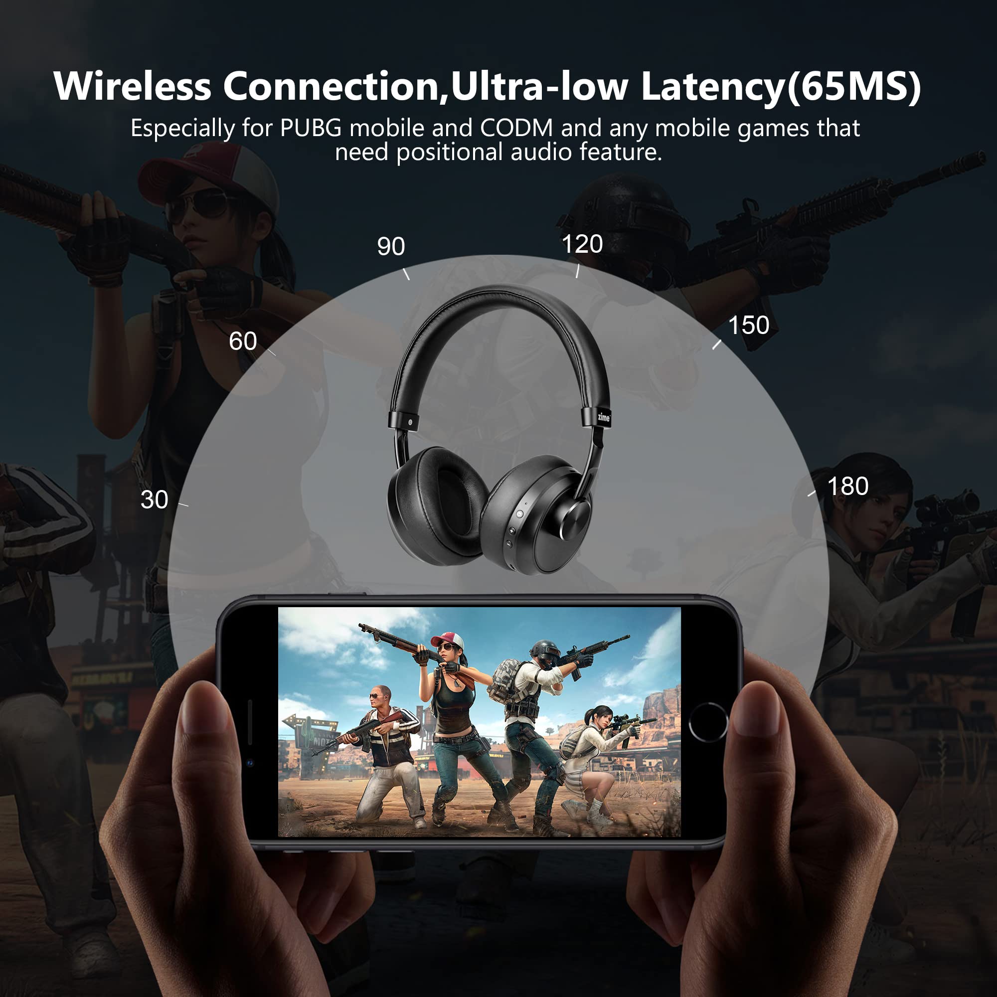 zime Ranger Over The Ear Headphones Wireless Bluetooth, Multi-Platform Wired & Wireless Gaming Headset with Microphone, Ultra Low Latency Bluetooth Headphones for Travel Office Home Black