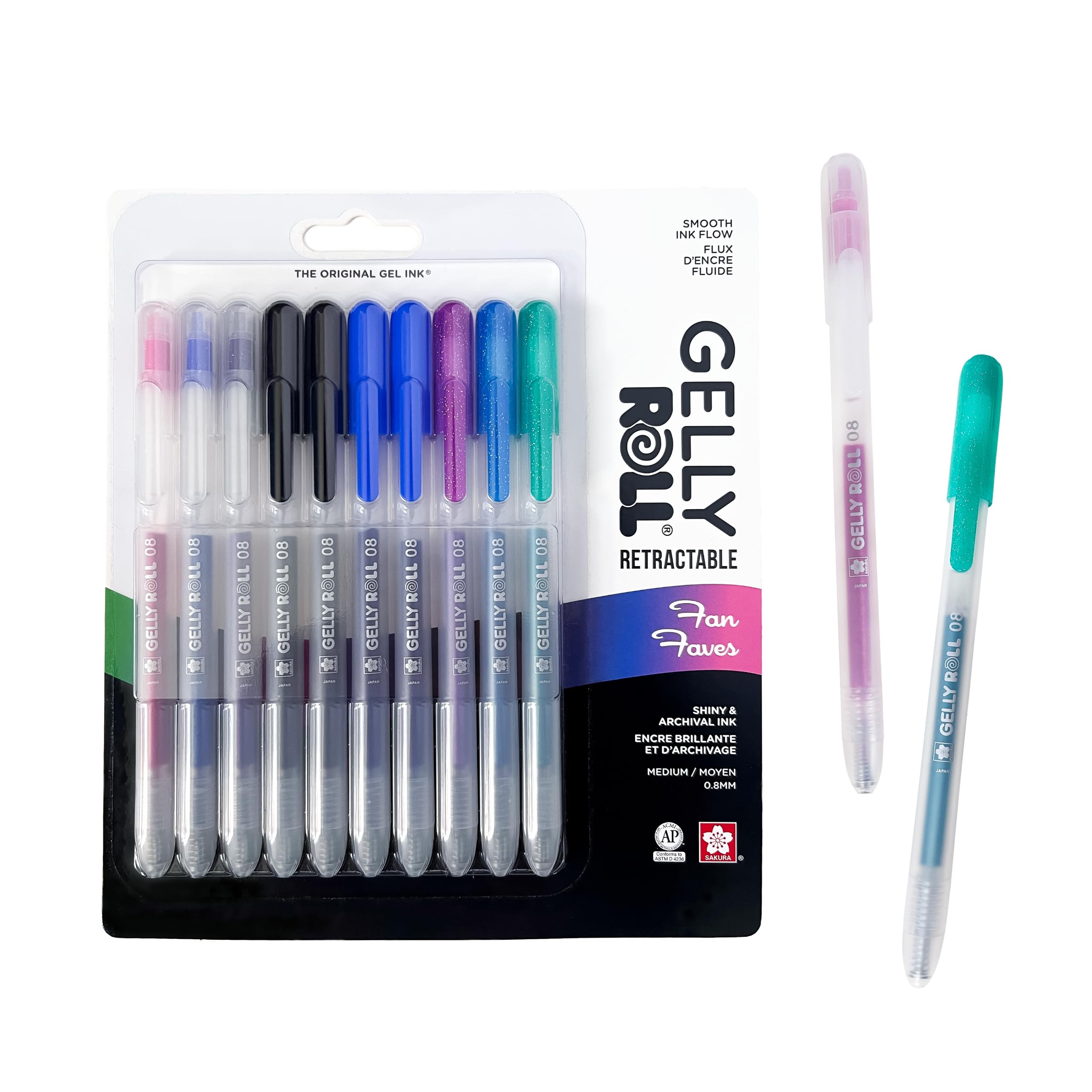 SAKURA Gelly Roll Retractable Gel Pens Colored - Sparkle Color Set - Medium Point Ink Pen for Journaling, Art, or Drawing - Colored Gel Pens with Glitter, Metallic, Blue & Black Pens - 10 Pack
