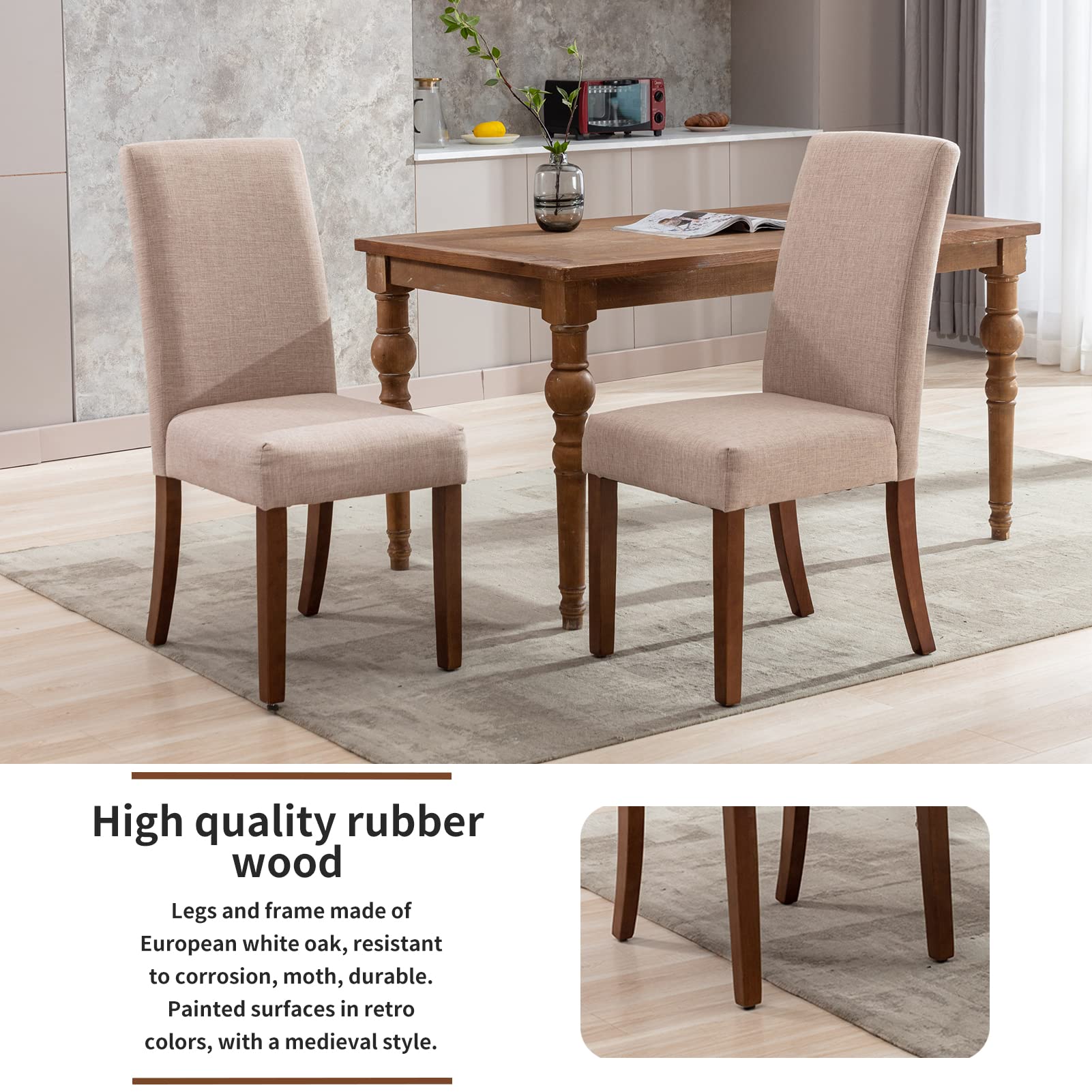 Restworld Fabric Dining Chairs Set of 2,Tufted Upholstered High Back Nailed Trim with Untique Oak Wood Legs for Kitchen Restaurant Room
