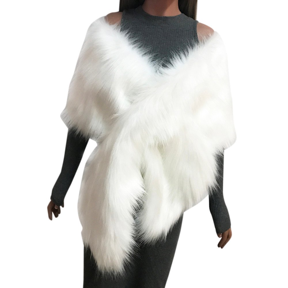 Women Faux Fox Long Shawl Stole Wrap Scarf Bridal Wedding Women's Scarf Winter (white, One Size)