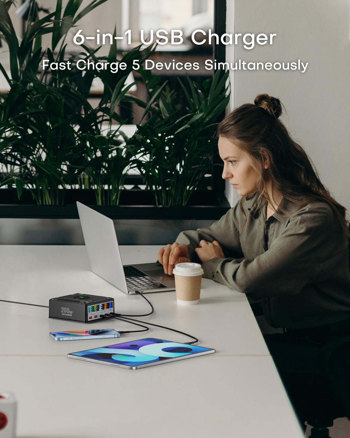 USB Charging Station,ASOMETECH 260W 5Ports Fast USB C Charging Station,140W PD3.1 USB C GaN Charger with LCD Display,Wireless Charger,Desktop USB Charging Hub for MacBook Pro/Air,iPad,iPhone,Samsung