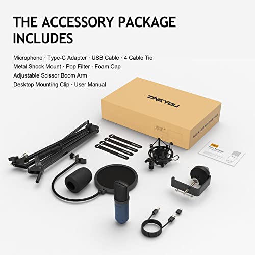 ZINGYOU USB Condenser Microphone, 96KHz/24Bit Cardioid Computer Mic Kit for PC Recording, Gaming, Podcasting, Live Streaming, Voice Over, YouTube, Twitch,with Upgraded Boom Arm, ZY-UA2 (Blue)