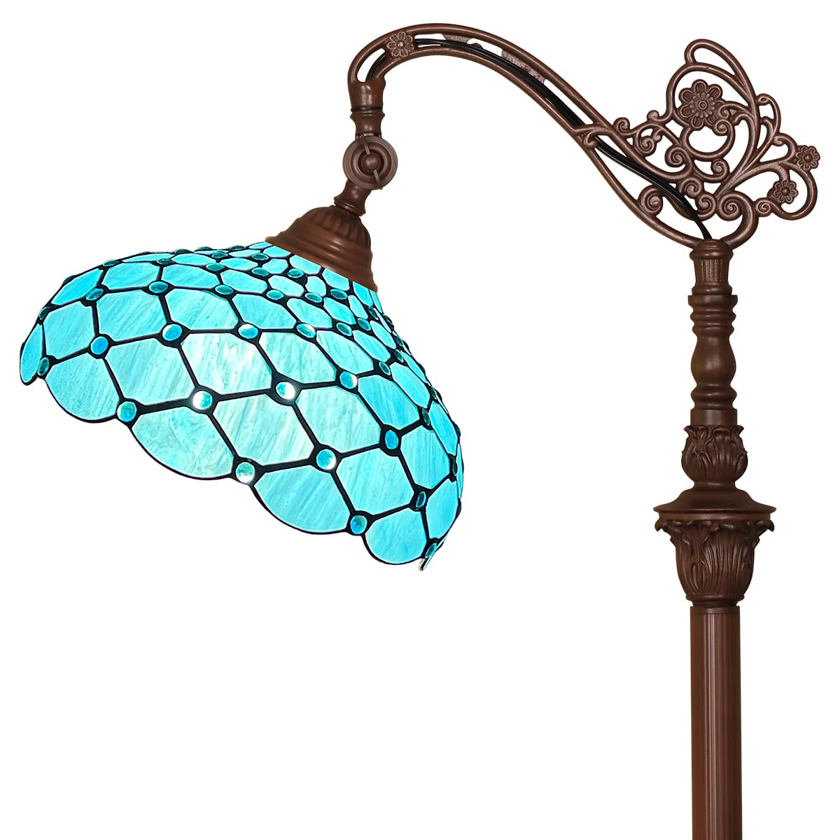 Thatyears Tiffany Floor Lamp Seagrass Blue Beads Style Gooseneck Arch Adjustable Corner Standing Reading Light Decor Bedroom Living Room Home Office