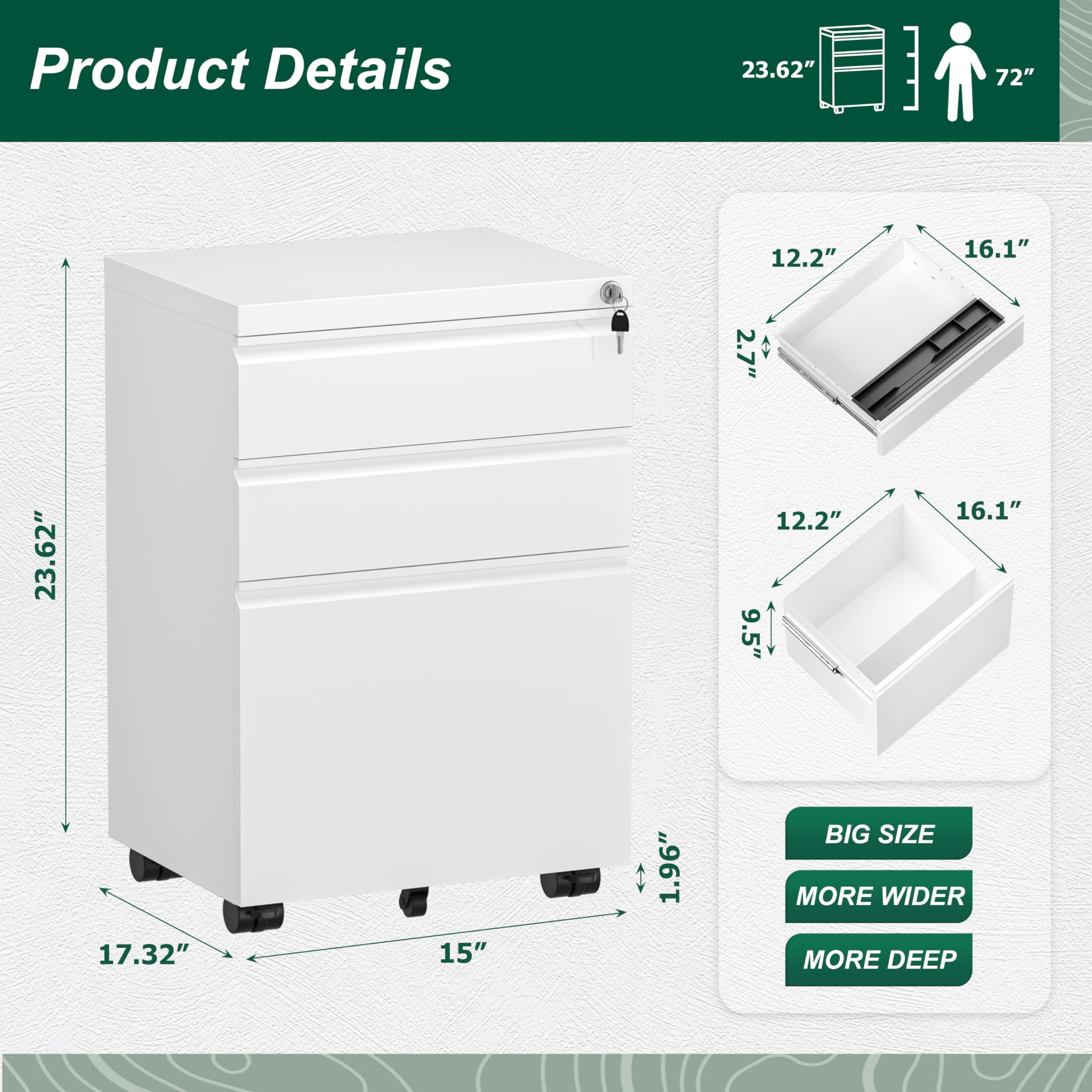 Superday White 3 Drawer Mobile Locking File Cabinet, Metal Rolling Vertical File Cabinet with Drawers, Small Under Desk Lateral Cabinet for Office and Home, Fully Assembled Except Wheel