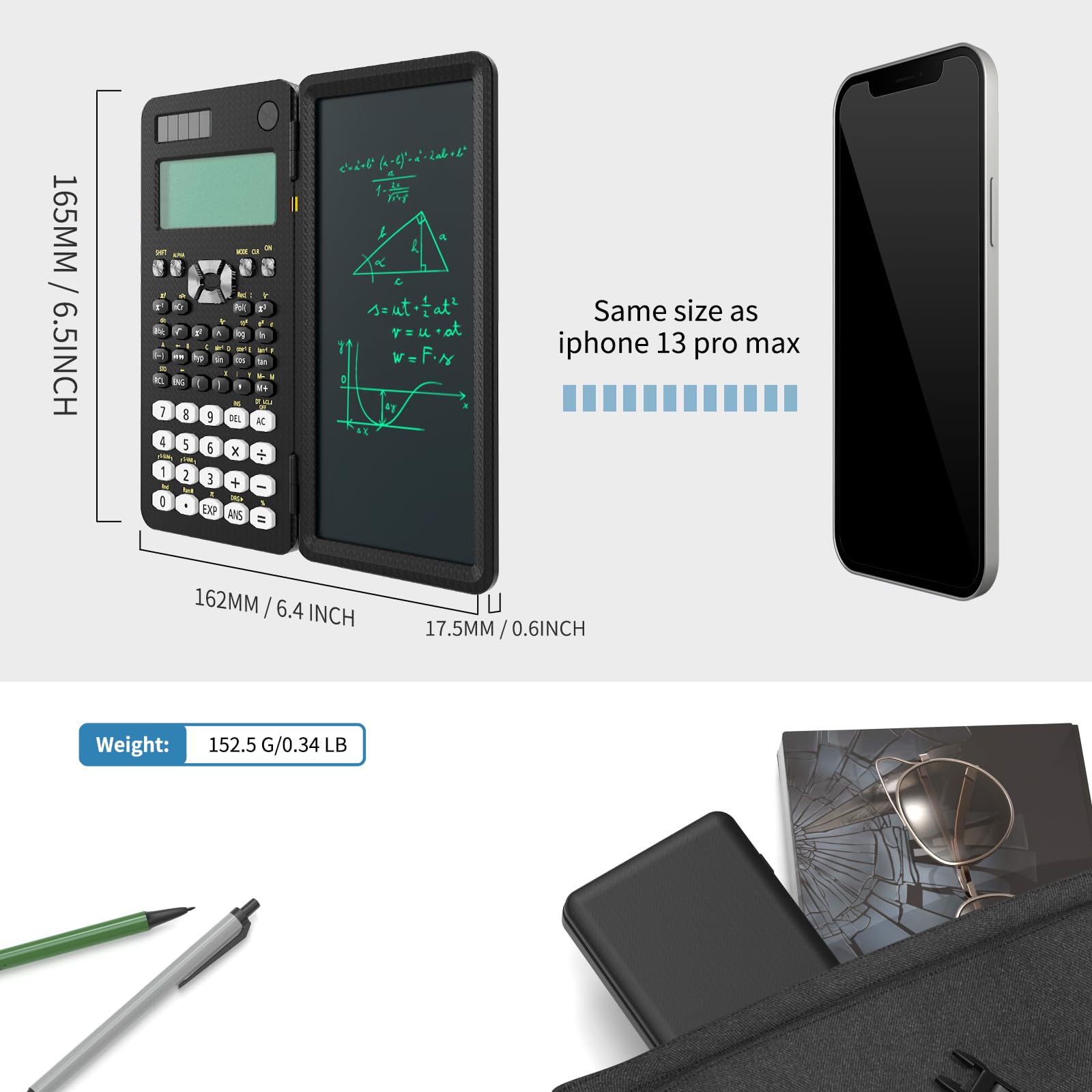Scientific Calculator with Notepad,ROATEE Middle and High School Supplies for Students & College,82 MS Foldable 2-Line Display Science Calculator with Writing Tablet,Solar and Battery Powered