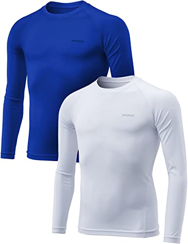 TSLA Kid's & Boy's Cool Dry Long Sleeve Compression Shirts, Athletic Workout Shirt, Sports Base Layer T-Shirt, 2pack White/Blue, 4
