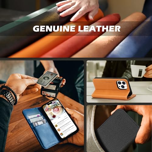 SHIELDON Wallet Case for iPhone 15 Pro Max 6.7", Genuine Leather Wallet Flip Magnetic RFID Blocking Credit Card Slot Kickstand Shockproof TPU Shell Case Compatible with iPhone 15 Pro Max - Royal Blue