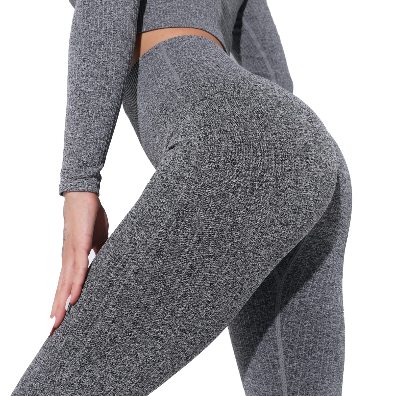 Workout Sets for Women 2 Piece Long Sleeve Seamless Crop Tops Gym Clothes Outfit
