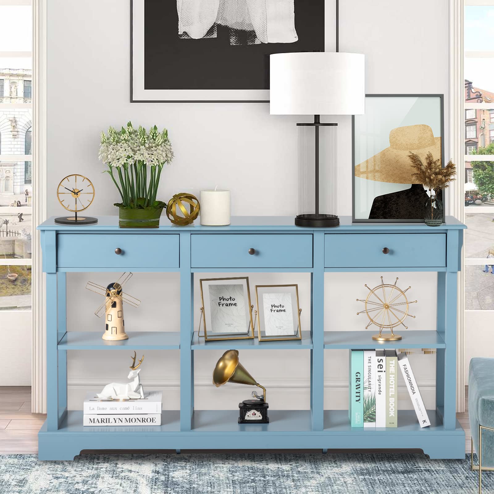 Sofa Table, Farmhouse Console Table for Living Room, Hallway entryway Table with Storage, Entry Table for Foyer,Open Storage Shelf for Home Living Room 58.2" L x 14.2" W x 32.5" H