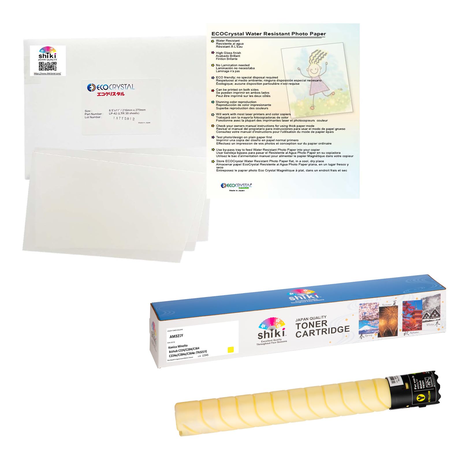 SHIKI Eco Crystal Water Resistant Laser Printer Paper & Compatible Toner Cartridge Replacement for Konica Minolta bizhub C224, etc. Yellow (TN321Y/A33K230)