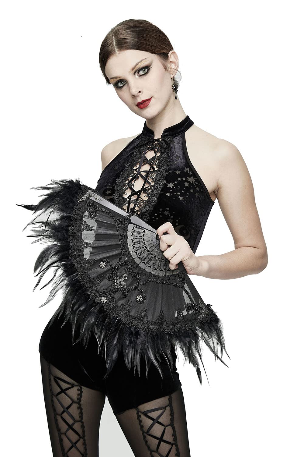Women Hand-Cranked Webbing Gothic Feather Fan Vintage Handheld Folding Hand Fan for Costume Party Dancing Black