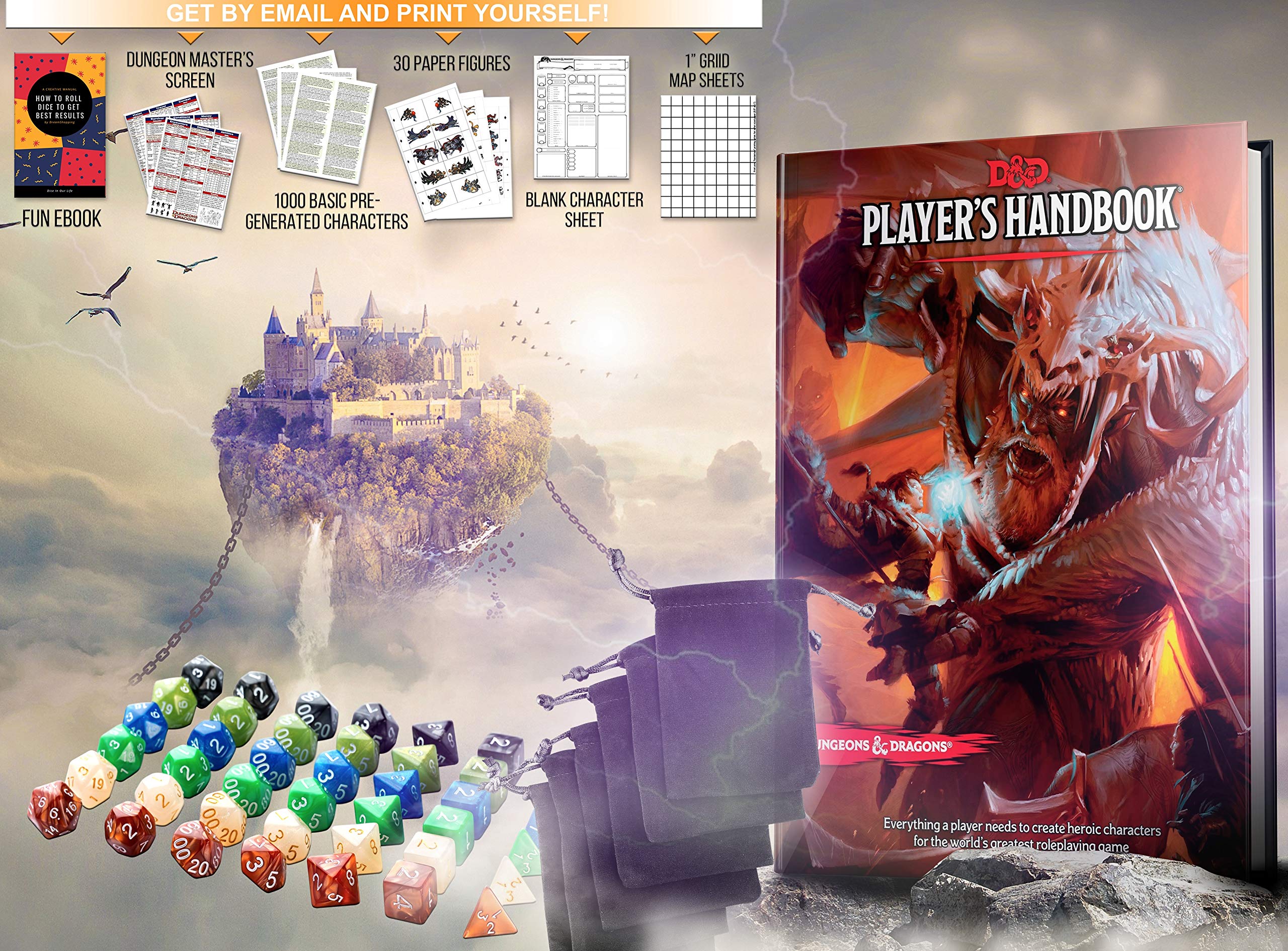 Player's Handbook Dungeons and Dragons 5th Edition with DND Dice and Complete Printable Kit - D&D Core Rulebook - D&D 5e Players Handbook Gift Set - D&D Starter Set Accessory - DND Beginner Gift Set
