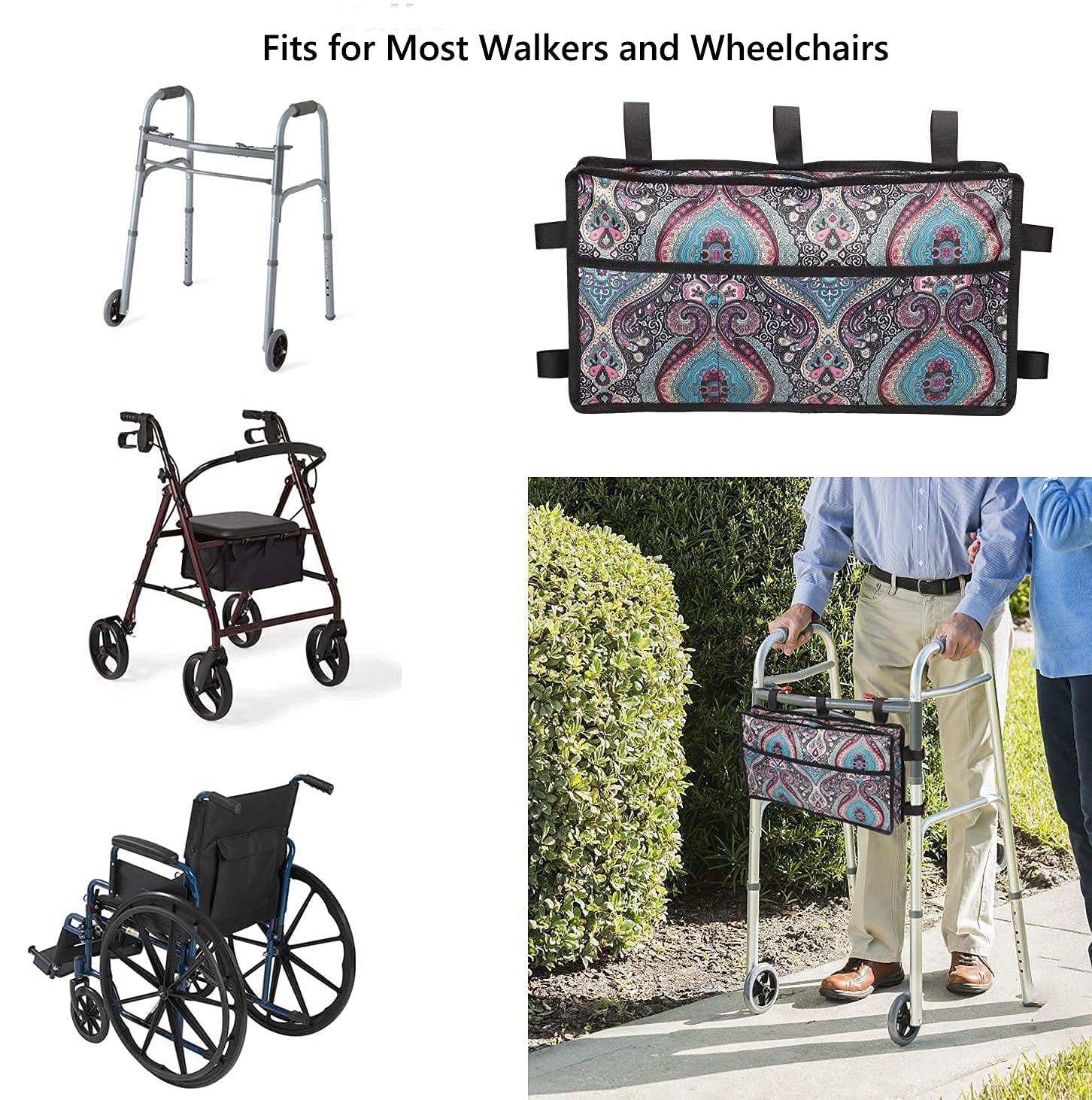Walker Bag - Walker Storage Bag, Wheelchair/Walker Accessories Bag, Walker Pouch for Folding Walker, Universal Fit for Wheelchair, Rollator, Scooter.
