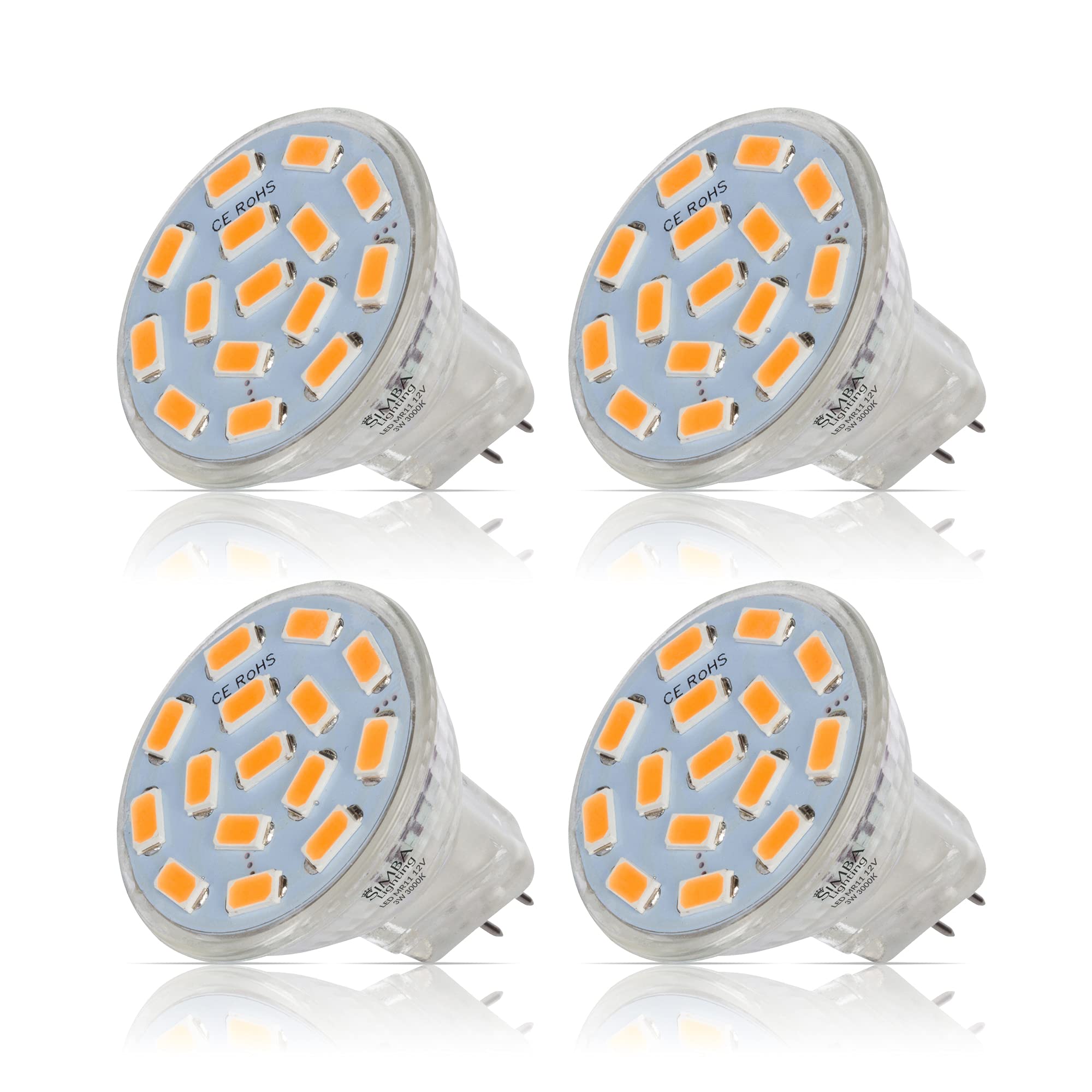 Simba Lighting LED MR11 Flood Light Bulbs (4 Pack) 12V 3W 20W Halogen Replacement 2-Pin 240lm for Landscape, Accent, Track Lights, and Christmas Tree Fiber Optics, GU4 Bi-Pin Base, 3000K Soft White