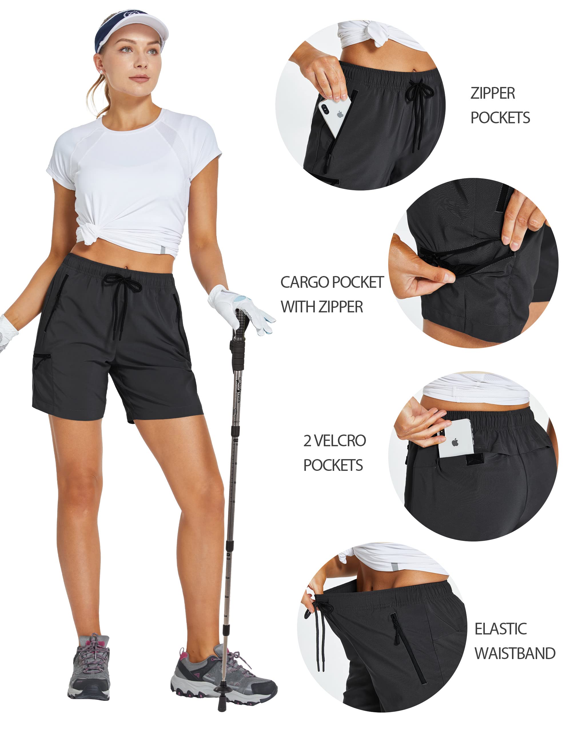 Workout Shorts for Women Hiking Running Casual Summer Cargo Lightweight Athletic Quick Dry Travel Drawstring Exercise Gym with Pockets Black