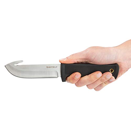 Sheffield 12184 Bax 4.5 Inch Drop Point Fixed Blade Hunting Knife with Gut Hook and Sheath, Full-Tang, Tactical Knife, Self Defense Weapon, and More