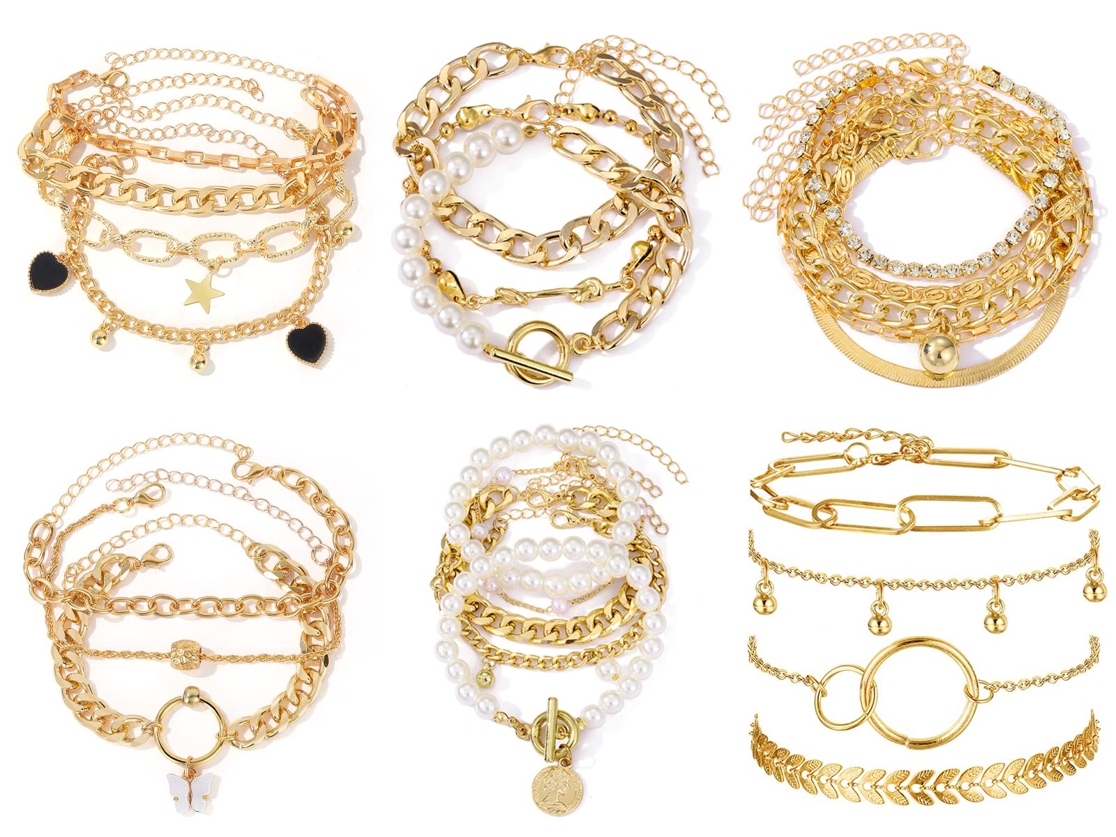 ZOVOLI 16-24PCS Dainty Gold Plated Chain Bracelets for Women Chunky Layered Stackable Snakebone Chain Boho Punk Adjustable Cuban Link Trendy Pearl Heart Bear Charm Paperclip Chain (16pcs)