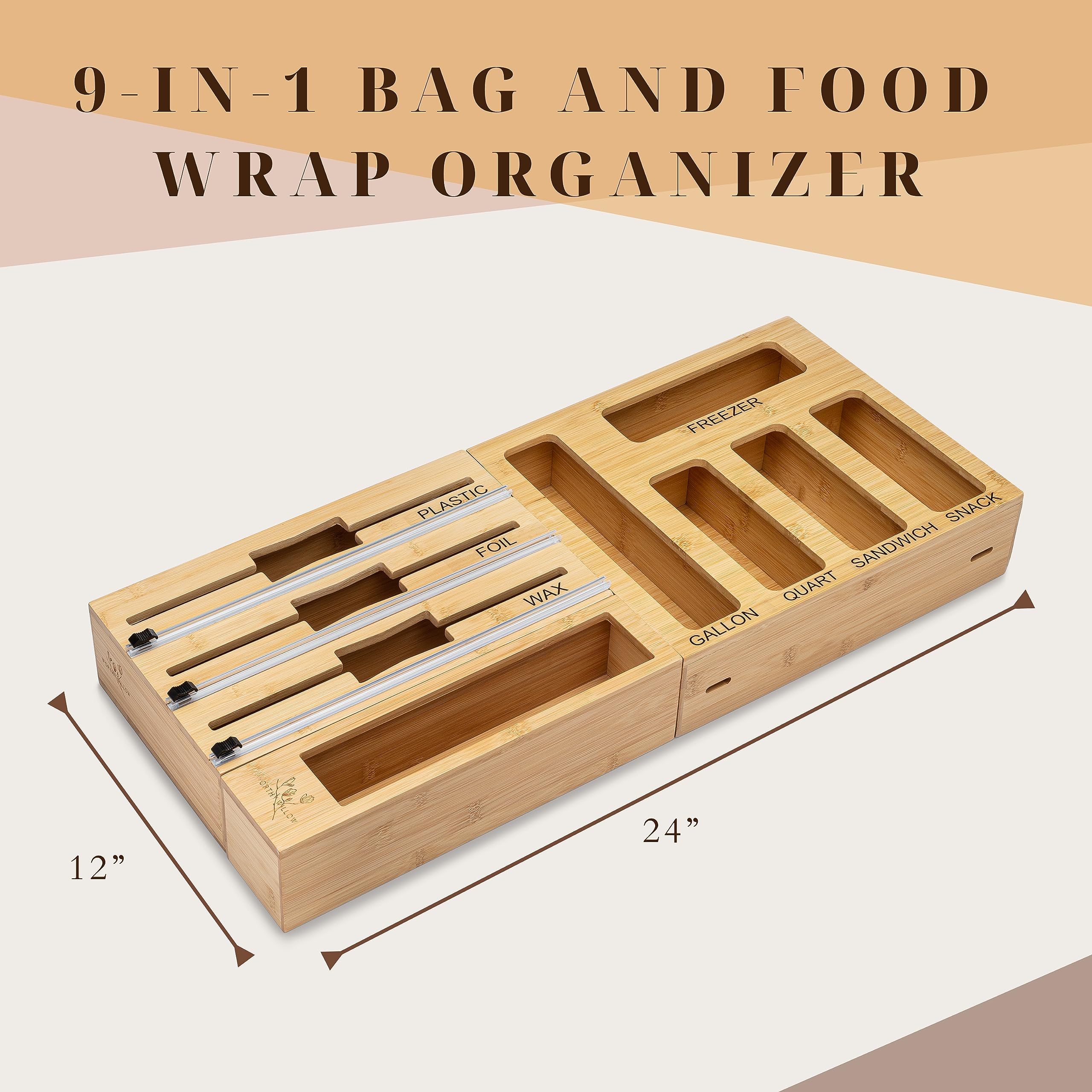 Worthy Willow Bamboo 9 in 1 Ziplock Bag, Aluminum Foil, and Plastic Wrap Organizer [IMPROVED DESIGN!]
