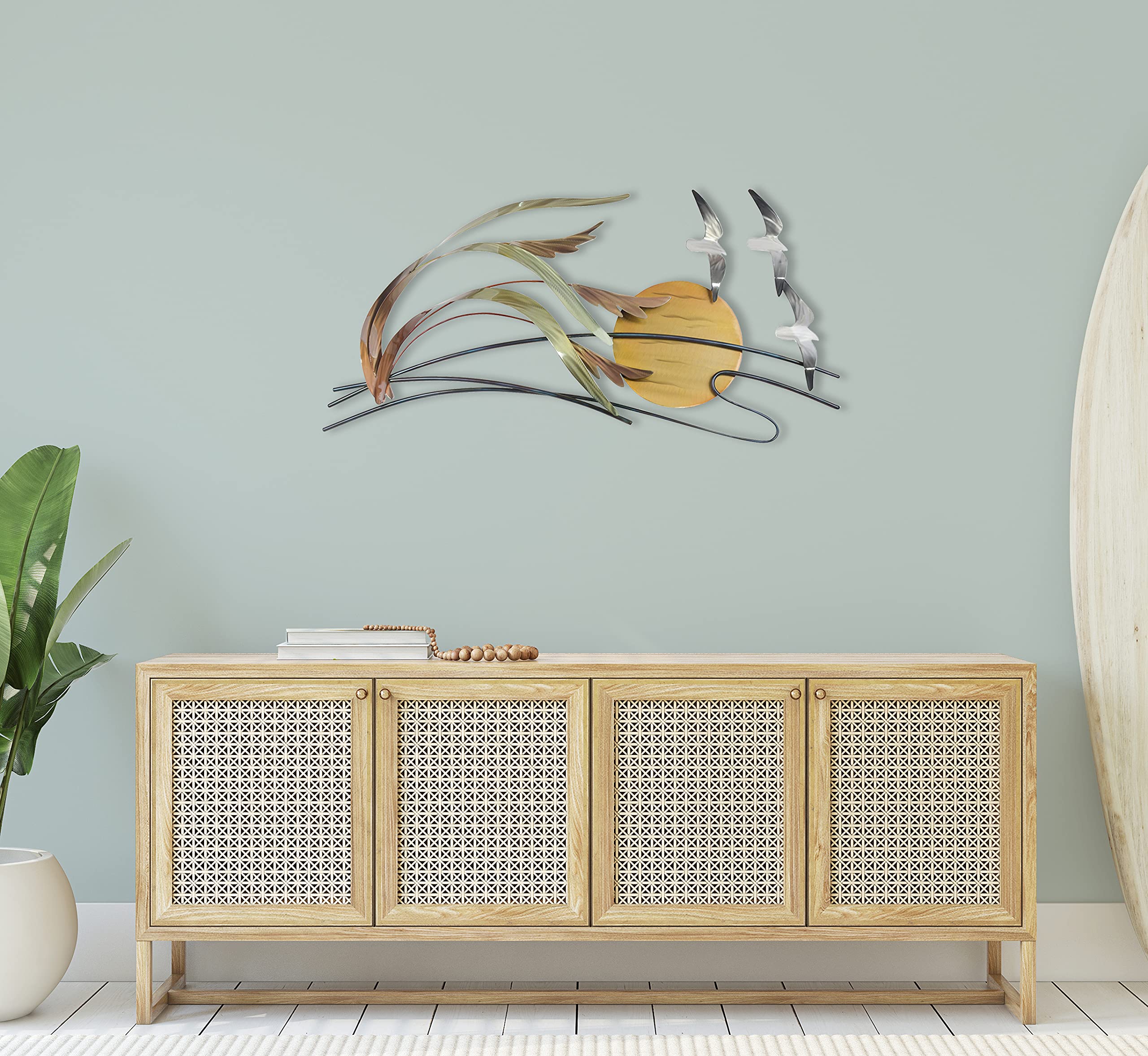 T.I. Design Seagulls and Sea Oats with Sun | Contemporary Coastal Beach Handmade Stainless Steel Metal Wall Decor
