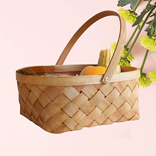 Woven Basket with Handle Wooden Handmade Rattan Storage Basket Storage Container Houseware Storage Basket for Camping Outdoor Party Park Beach (Large)