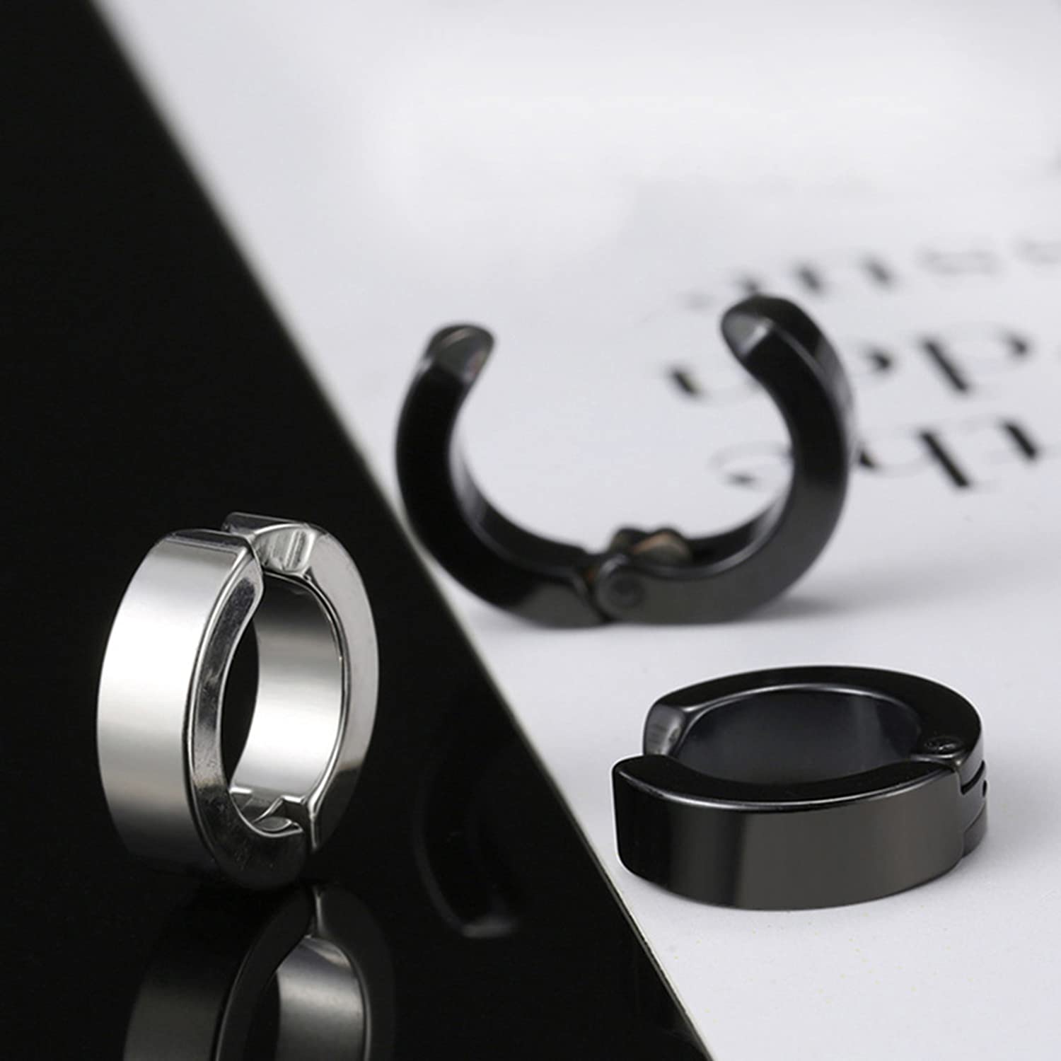 YUNXI 2 Pairs Black Silver Cuff Earrings for Men's Women Punk Rock Stainless Steel Circle Round Shape Design Hoop Earrings (2 Pairs- Silver+Black)