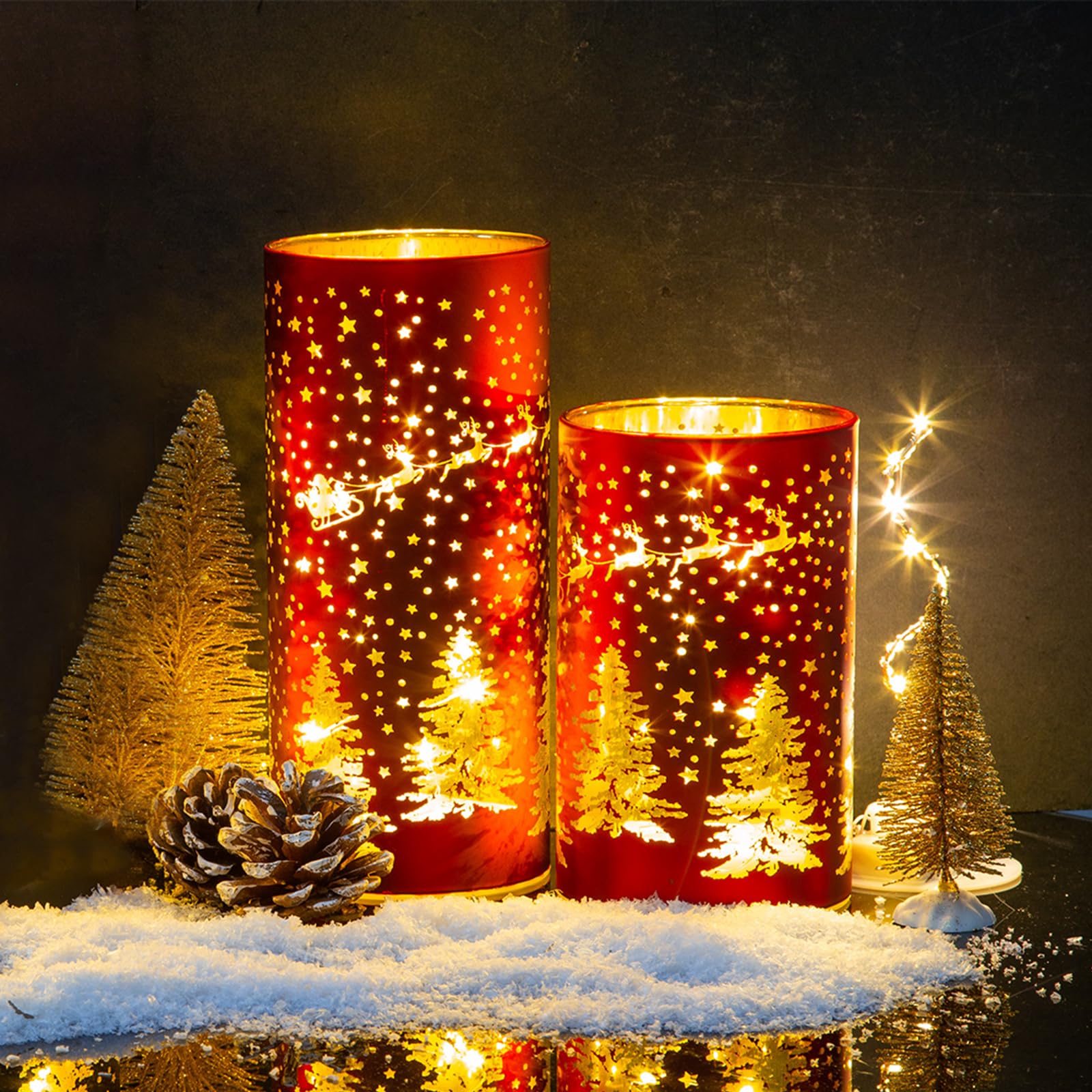 QRF Christmas Decorations, Decorative Glass Battery Powered LED String Lights, Christmas Tree Pattern All Around, Perfect for Christmas Home Decor Gift Tabletop Display Party Centerpiece (RED)