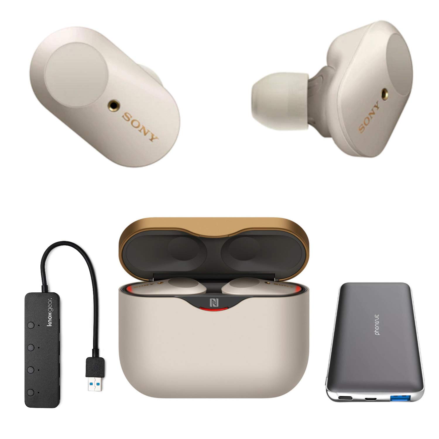 Sony WF-1000XM3 True Wireless Noise-Canceling Earbud Headphones (Silver, USA Warranty) Bundle with Ultra-Portable PD/QC Battery Pack and 4-Port USB 3.0 Hub (3 Items)