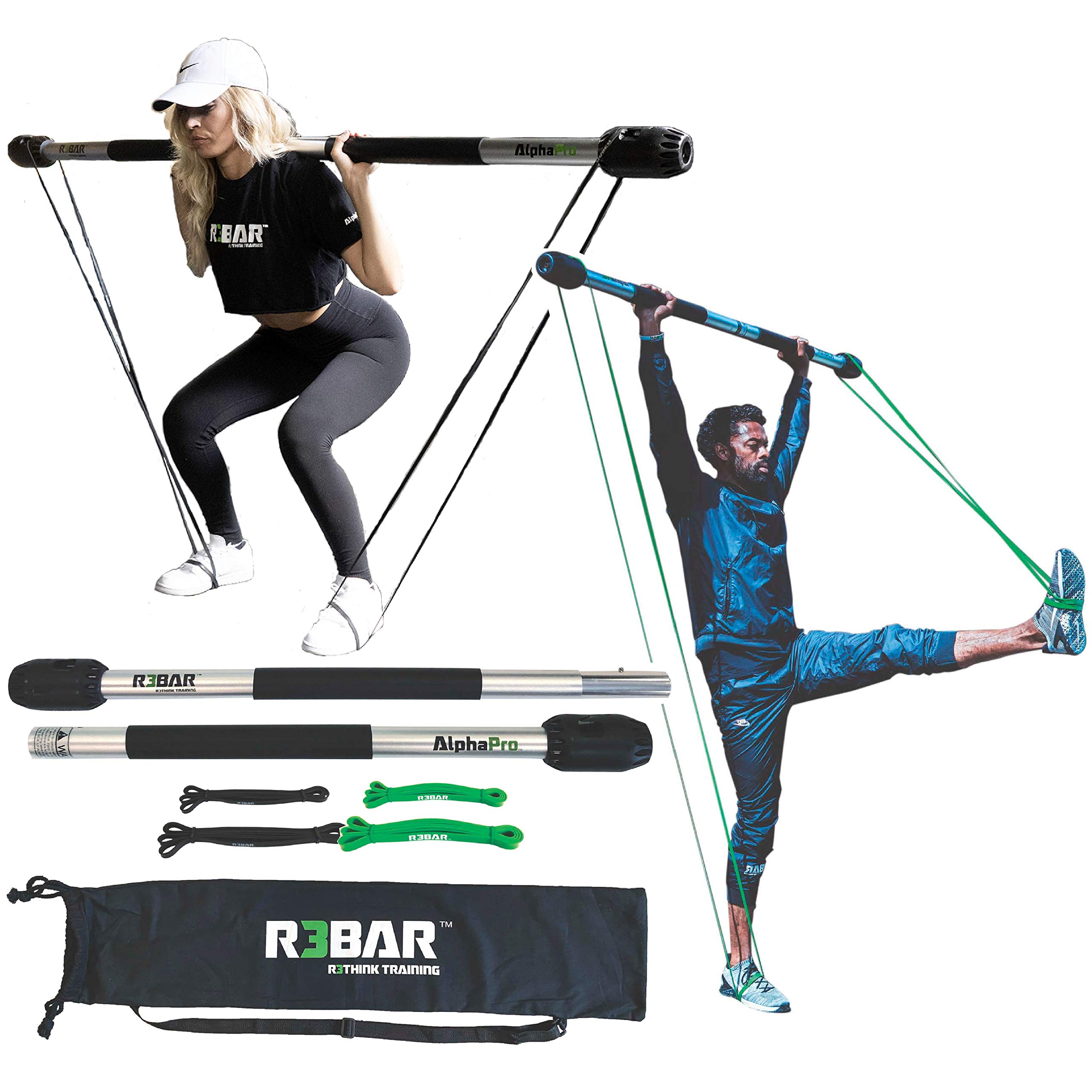 R3BAR AlphaPro Full Portable Exercise Home Gym Workout Training Equipment– Includes Bar, Resistance Bands, Travel Bag – New Amazon Bonus – 3-25 Minute Virtual Workouts Included