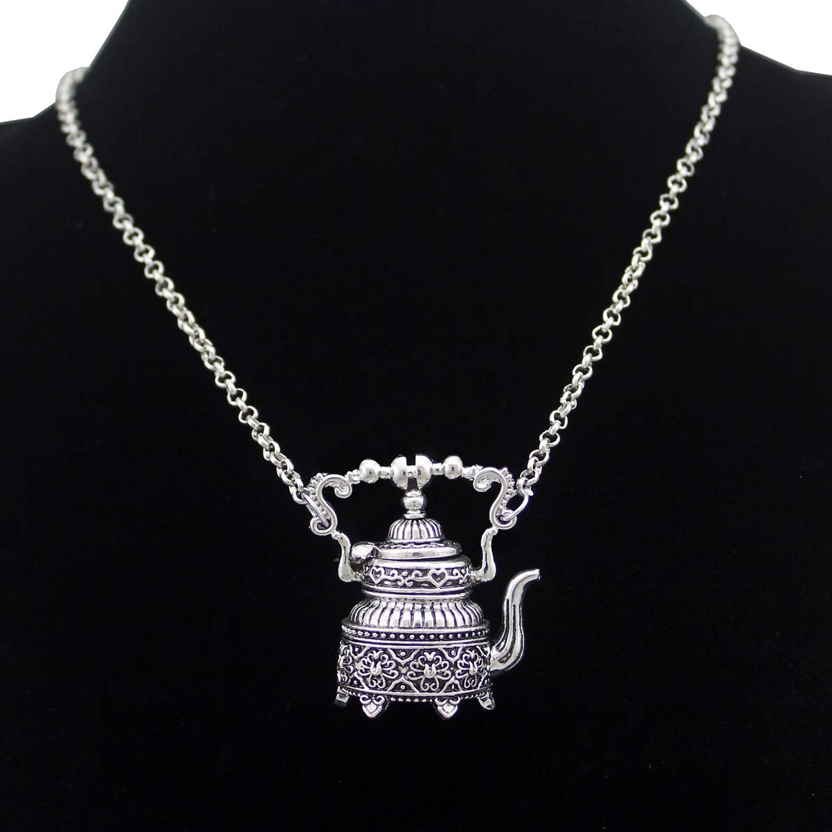 RechicGu Vintage Silver Victorian Alice Cameo 3D Tea Pot Cup Pendant Charm Sweater Necklace for Women Gift Steampunk Goth Jewelry Wonderland…