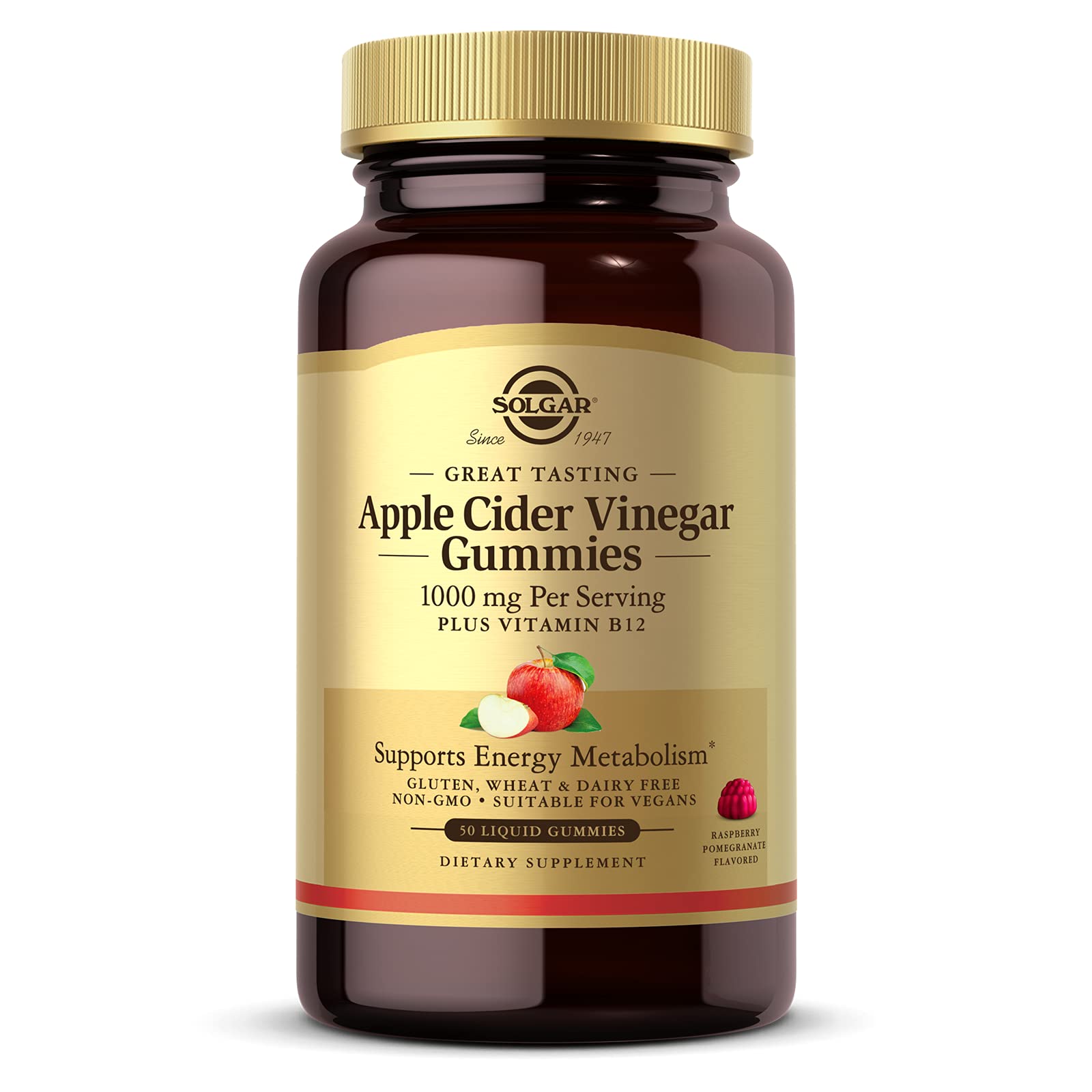 Solgar Apple Cider Vinegar 1000 mg Gummies, Great-Tasting Raspberry Pomegranate Flavor, Plus Vitamin B12, Supports Energy Metabolism, Non-GMO & Vegan, 25 Servings, 50 Count