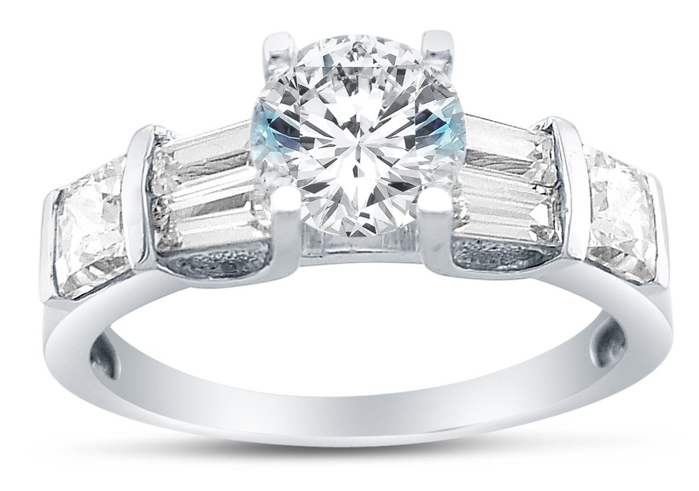 Size 6 - Solid 14k White Gold Round Brilliant Cut Solitaire with Baguette and Princess Cut Side Stones CZ Cubic Zirconia Engagement Ring 1.75ct.