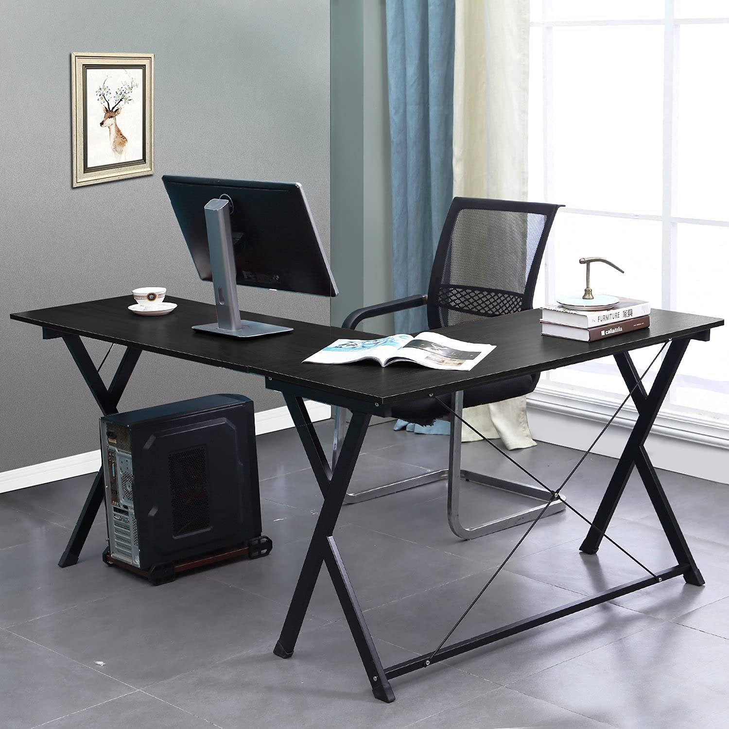 sogesfurniture L-Shaped Desk Corner Table Computer Desk Workstation Desk PC Laptop Office Desk L Desk, Black BHUS-ZJ1-BK