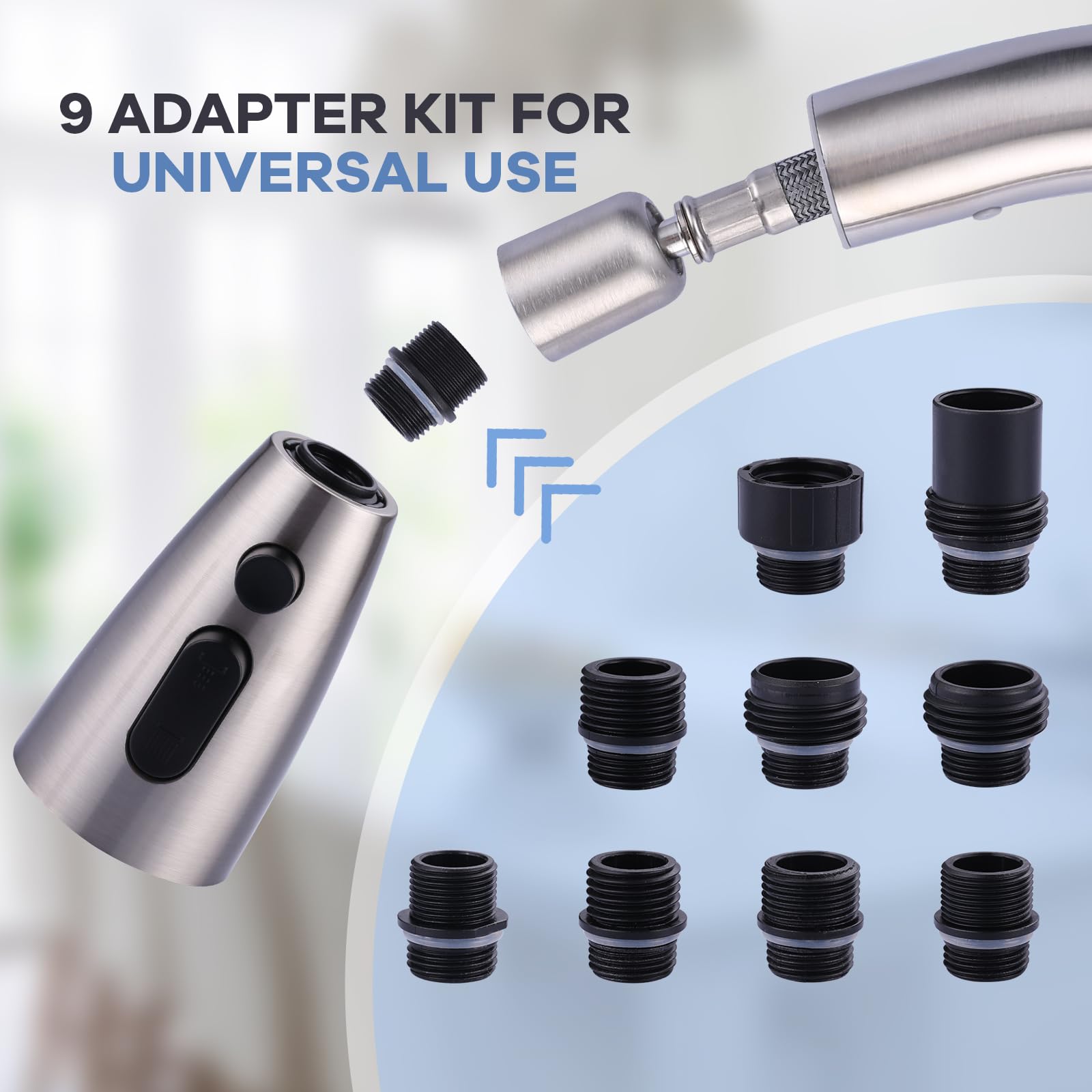 WOWOW Kitchen Faucet Head Replacement Brushed Nickel, 3 Function Pull Out Spray Nozzle with 9 Adapters for Kitchen Sink Faucet,American Standard for Moen Kohler Delta Faucets G1/2 Male Connector