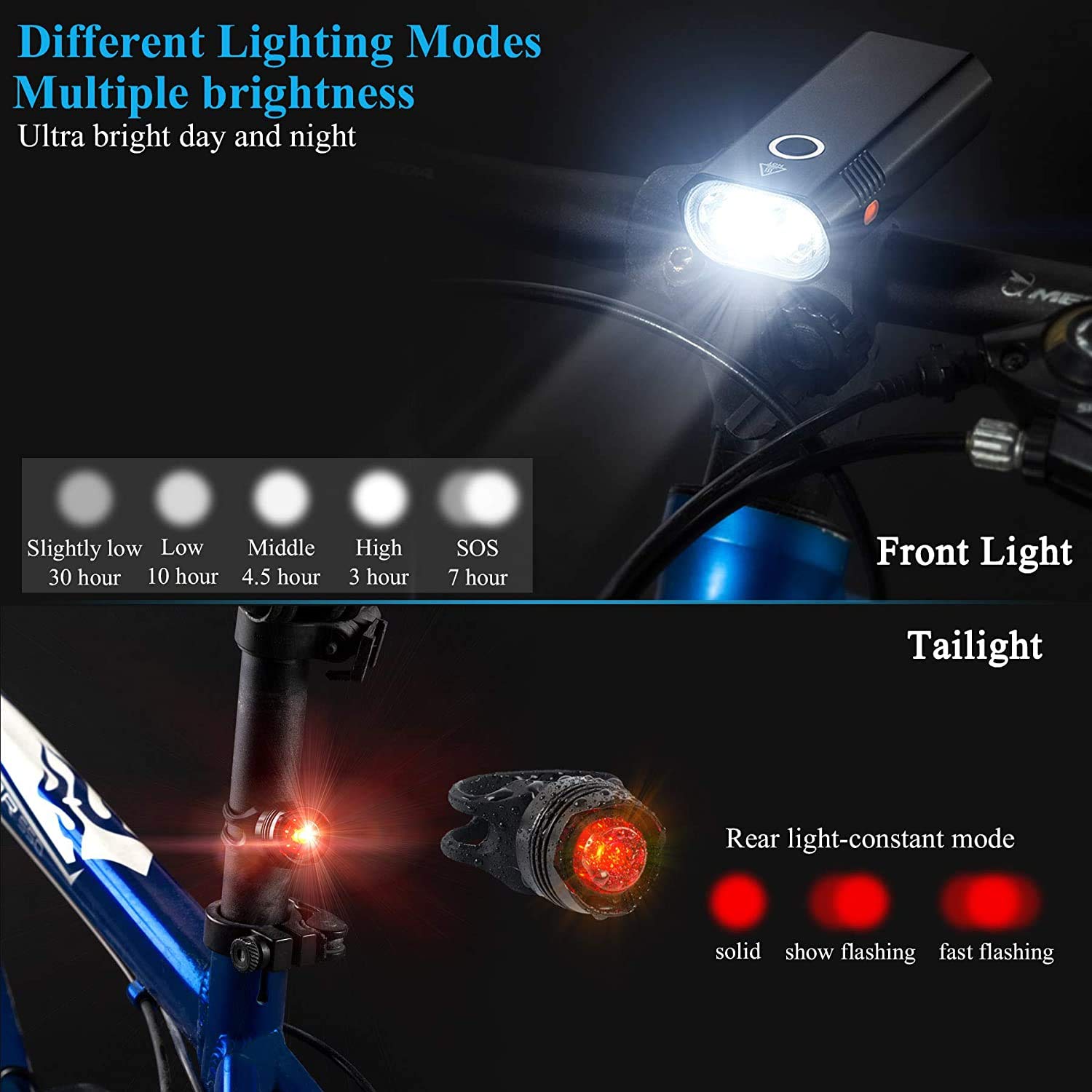 USB Rechargeable 2 LED Bike Lights Set, Super Bright Front and Back Rear Bicycle Light Combo, IPX5 Waterproof 800LM Cycling Light, Mountain Road Helmet Cycle Headlight and Taillight Set (5 Modes)