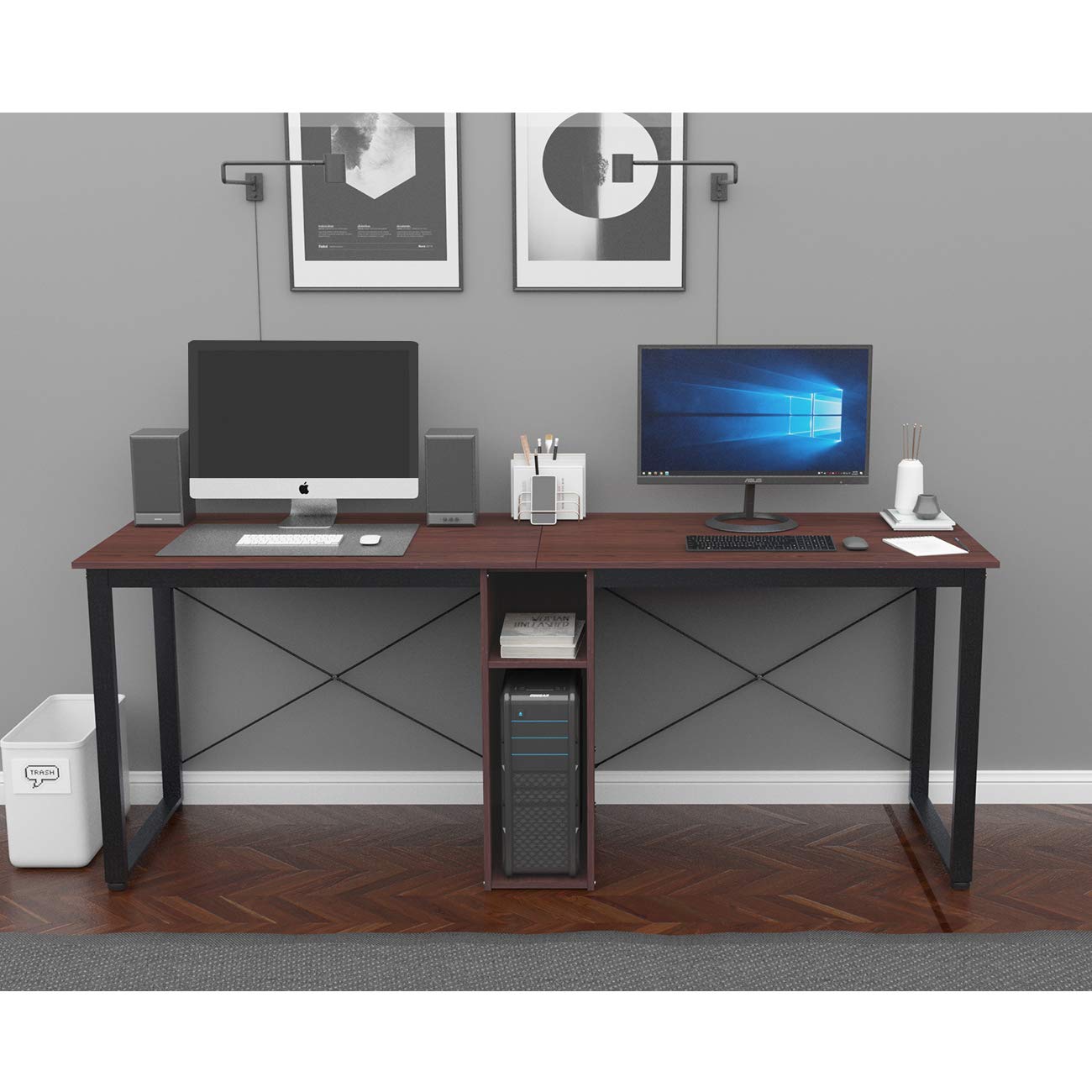 SogesHome Large Double Workstation Desk 2 Person Computer Desk Writing Desk Home Office Desk with Storage Shelf, Walnut, LD-H01-WA
