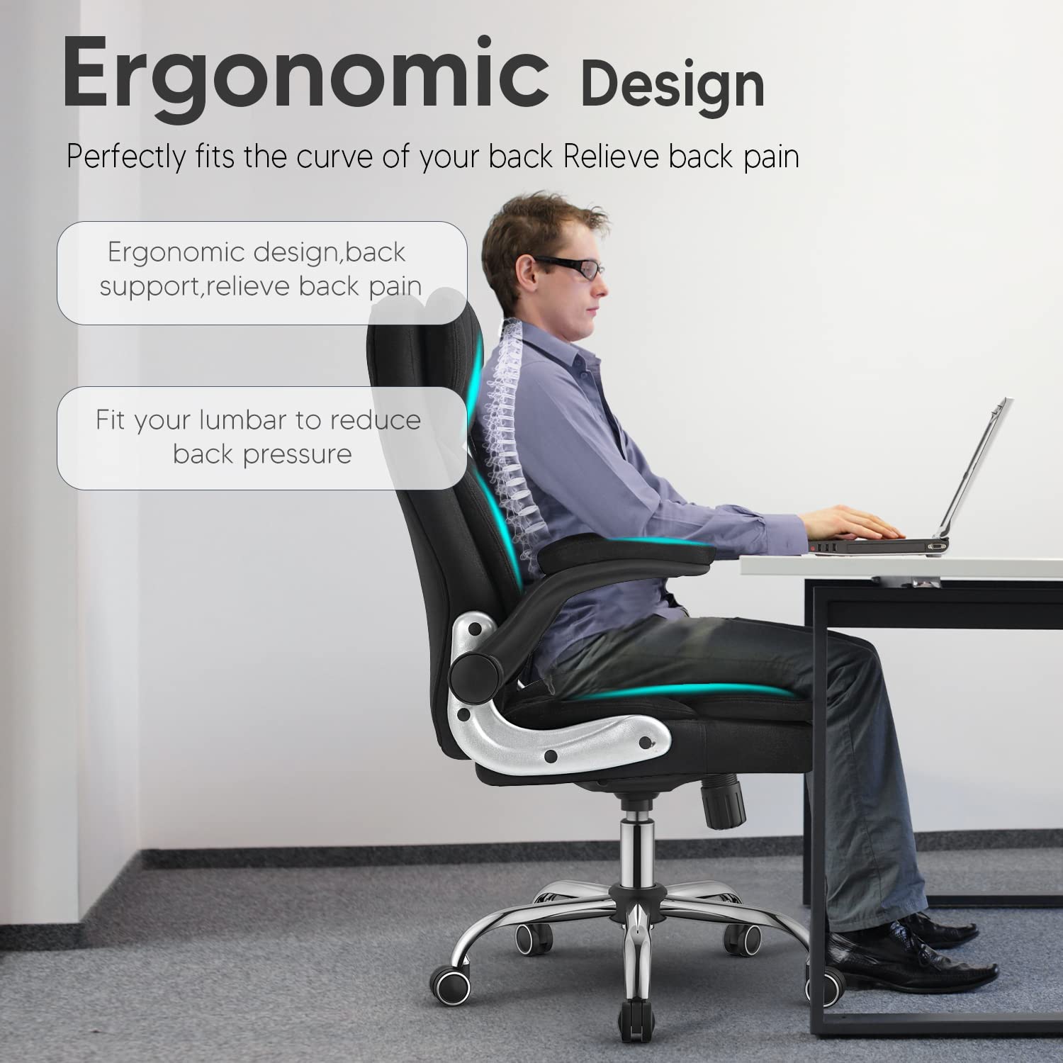 YAMASORO Home Office Executive Chair, High Back Ergonomic Lumbar Support Computer Desk Chairs with Wheels and Flip-up Arms, Linen Fabric, Black