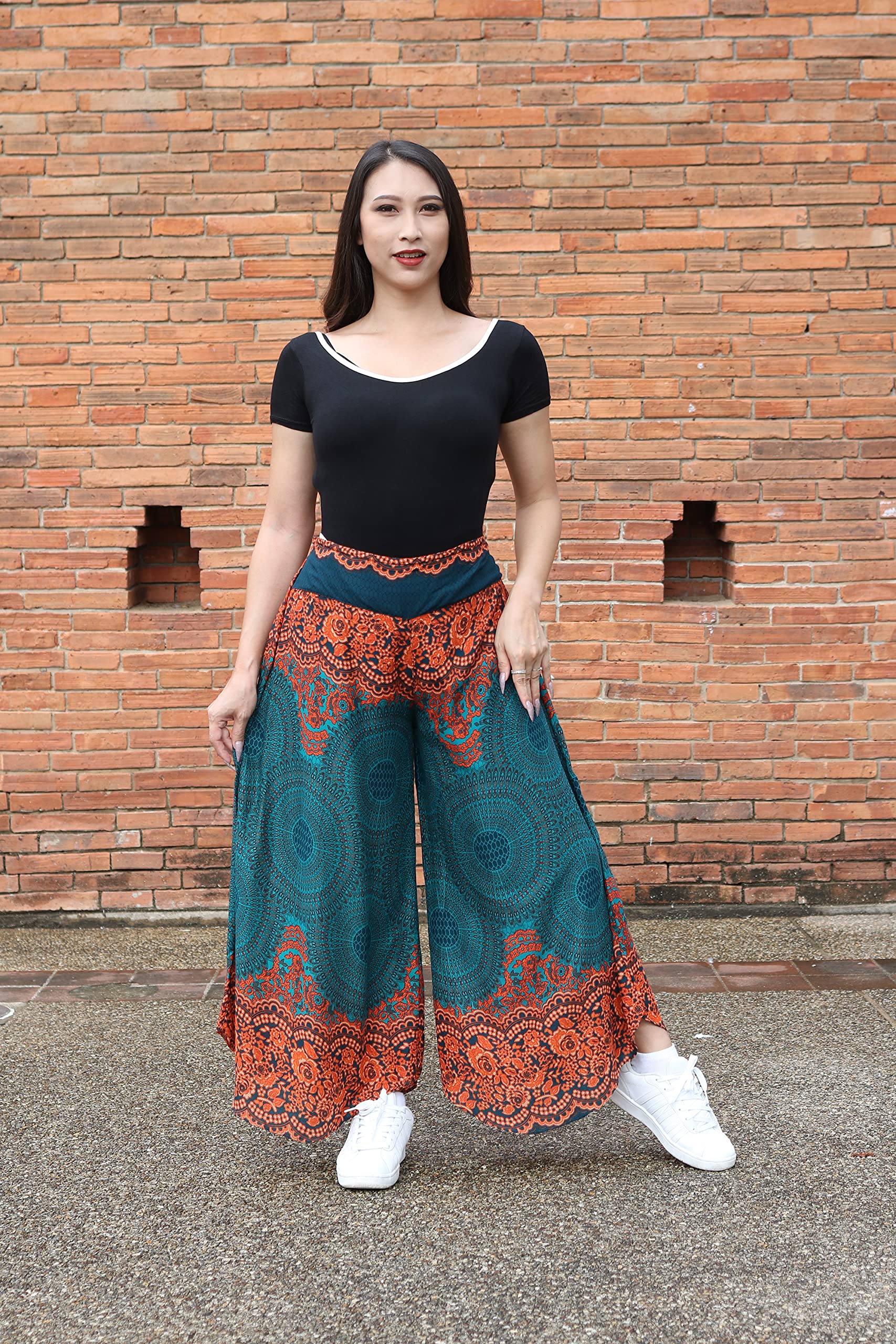 Women's Wide Leg Palazzo Pants Light Weight Loose Comfy Boho Flare Harem Trouser Perfect for Yoga (Blue Sea Mandala)