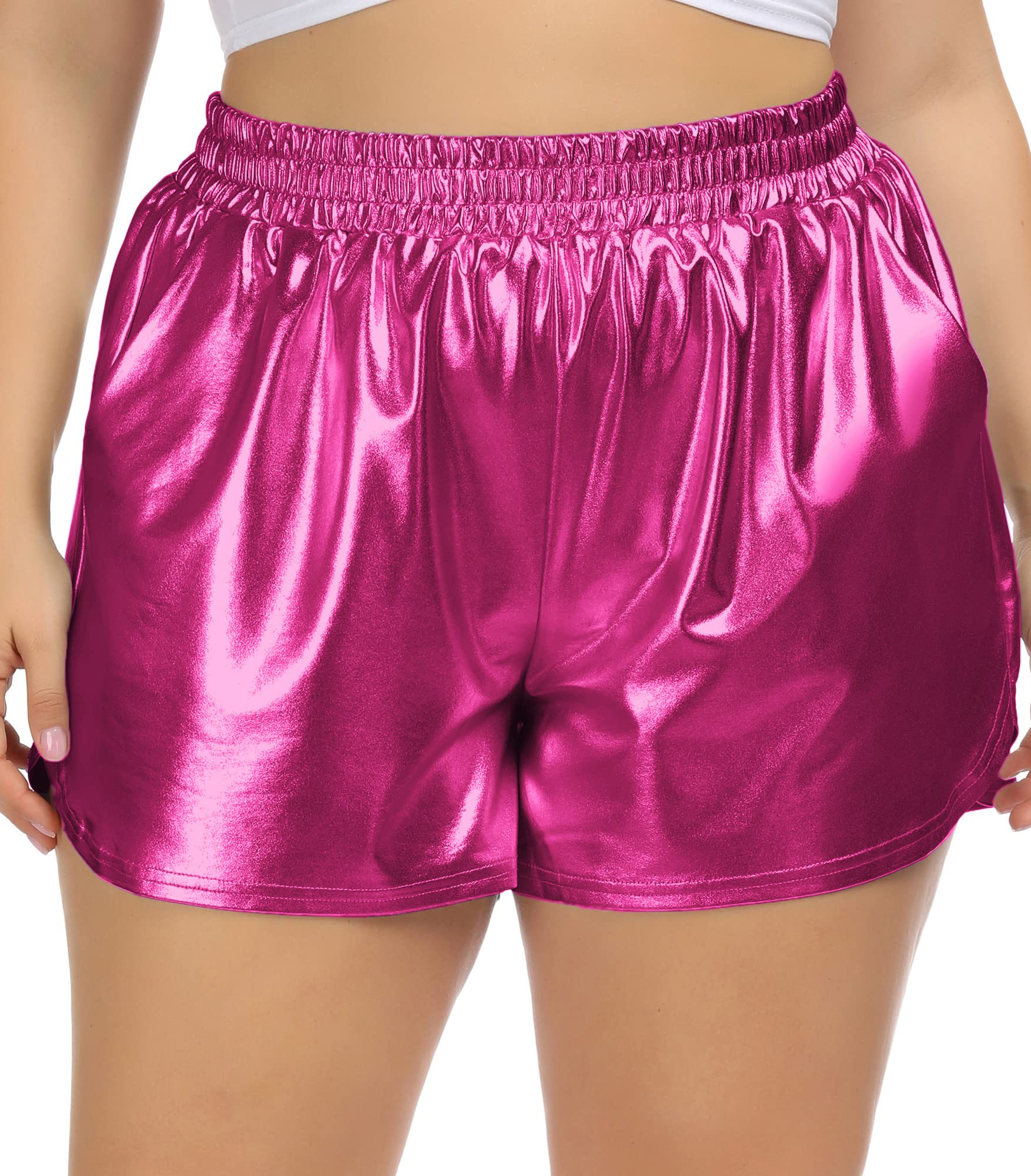Women's Yoga Hot Shorts Dolphin Hem Shiny Metallic Short Pants Metallic Silver 18Plus