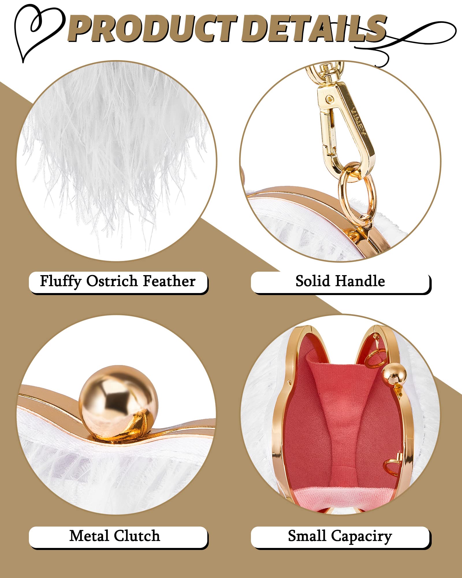 Women Ostrich Feather Tote Bag Heart Shaped Fluffy Purse Clutch Feather Purse Feather Evening Handbag for Wedding Party(White)