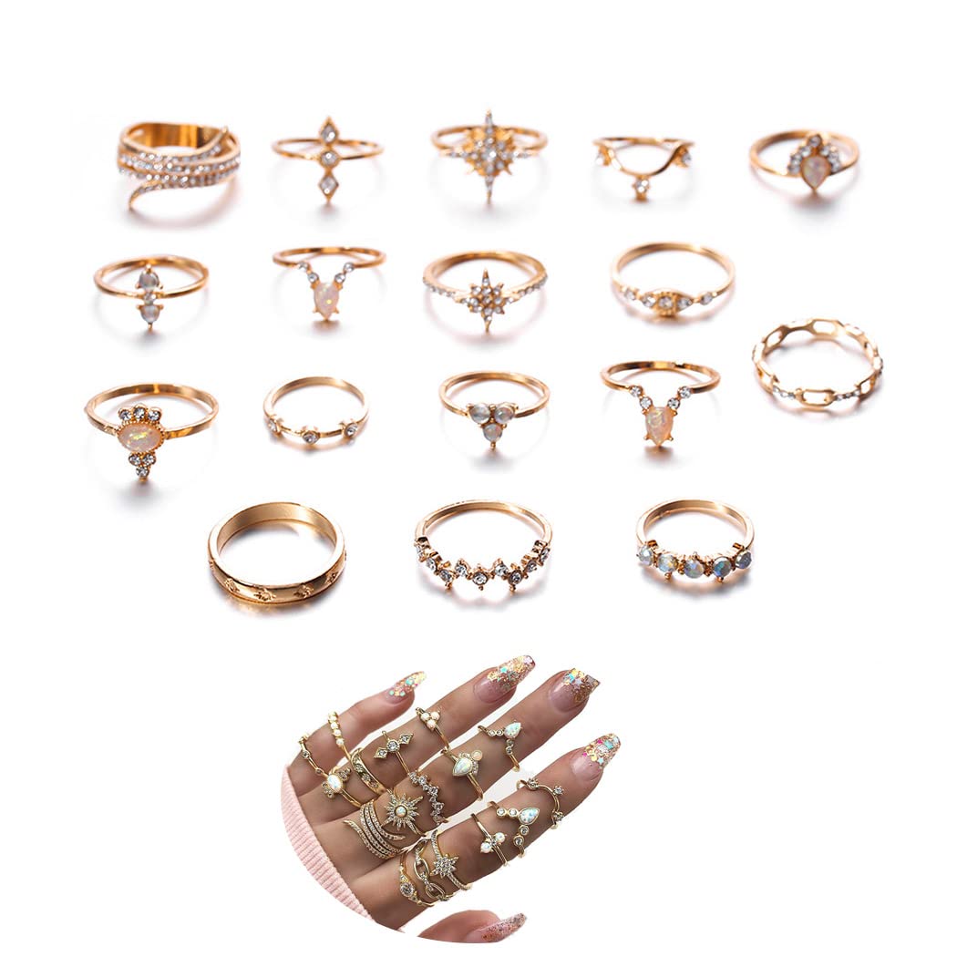Simsly Boho Knuckle Ring Stackable Rhinestone Gold Joint Nail Ring Crystal Knuckle Rings Set for Women and Girls(17PCS) (Set 1)