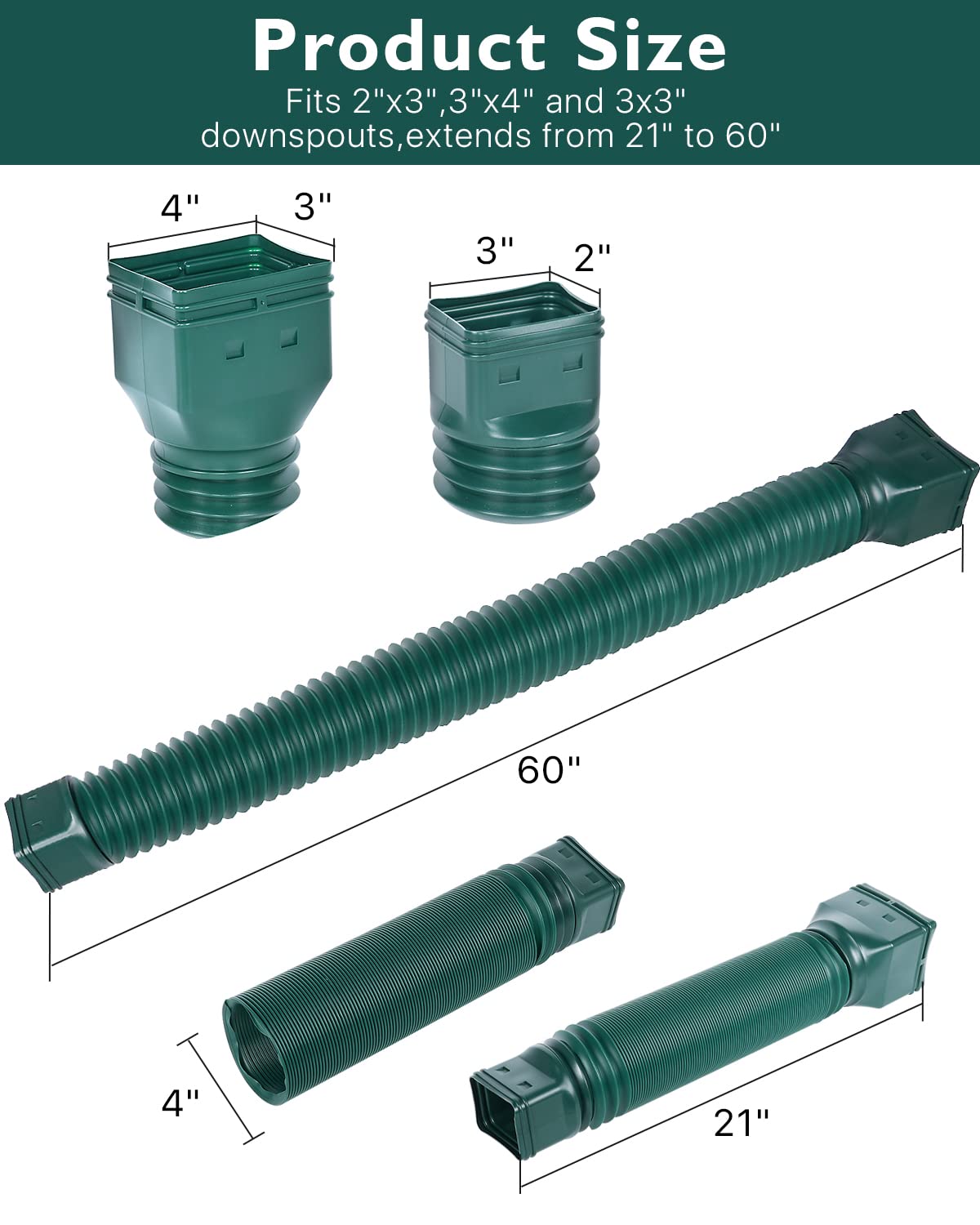 POBOMVOM Rain Gutter Downspout Extensions, 21"-60" Flexible Drain Downspout Extender, Rainwater Drainage Pipe with 4" x 3" and 3" x 2" Connectors, Screws Included (2 Packs, Green)