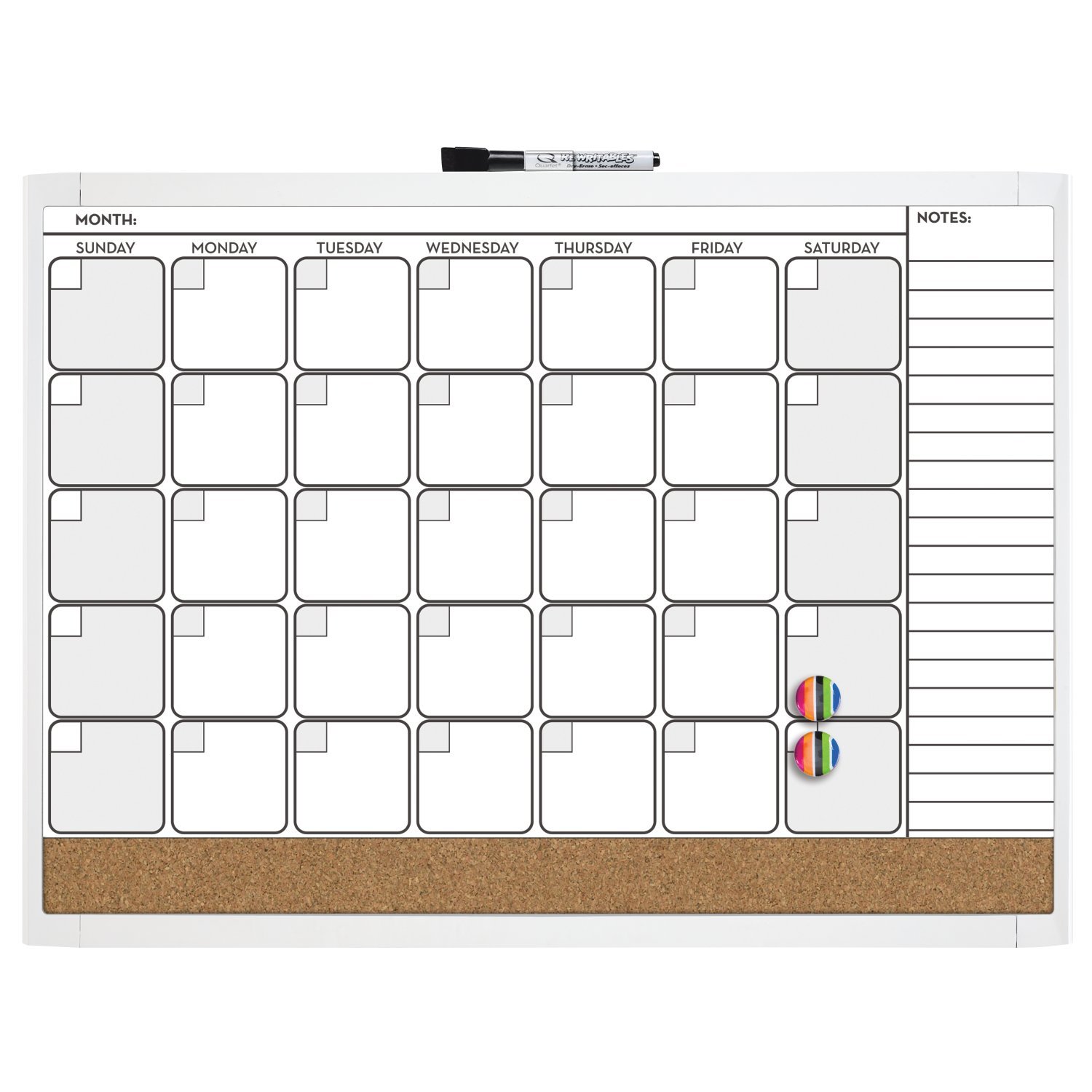 Quartet Dry Erase Board / Cork Board, Calendar Board, Magnetic, 17"x 23", 1-Month Design with List, White Frame (79380-WT)