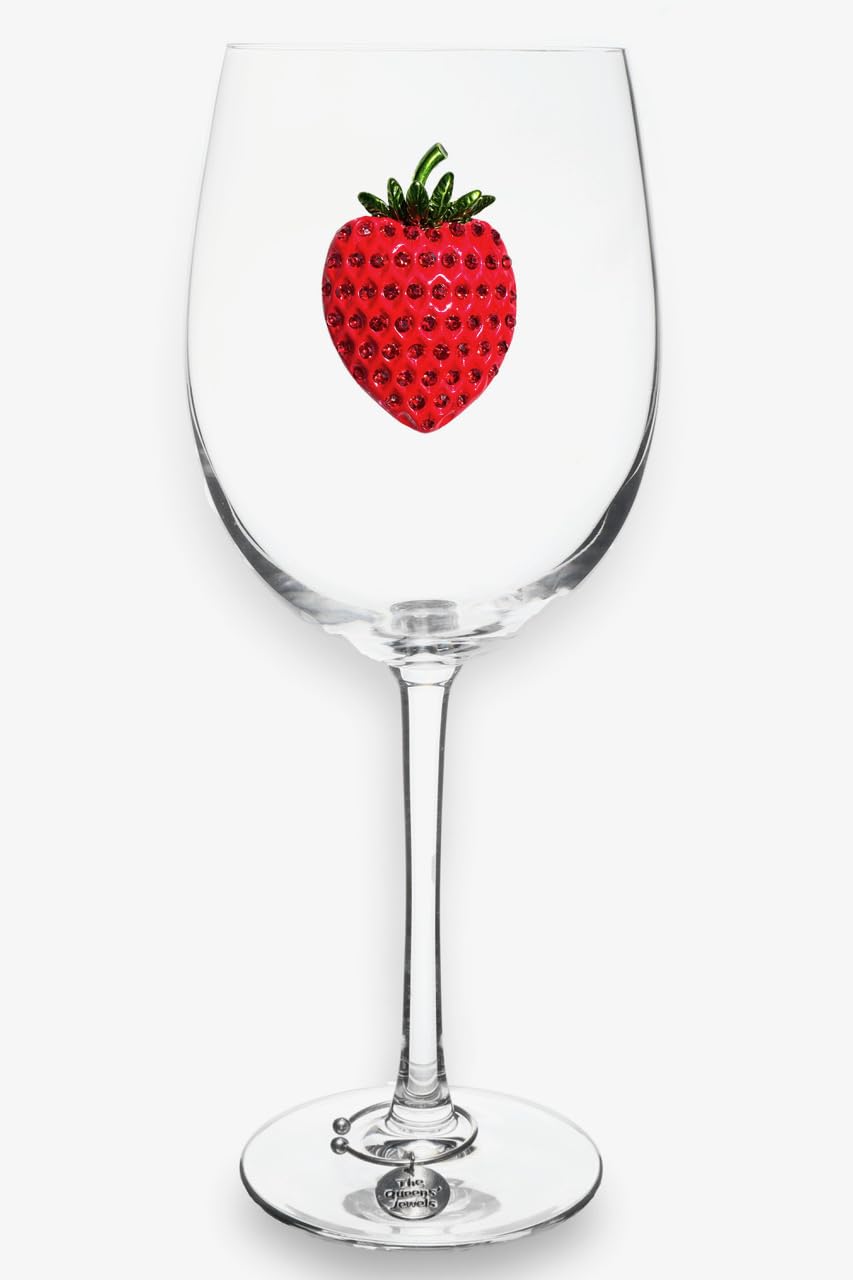 THE QUEENS' JEWELS Strawberry Jeweled Stemmed Wine Glass, 21 oz. - Unique Gift for Women, Birthday, Cute, Fun, Not Painted, Decorated, Bling, Bedazzled, Rhinestone