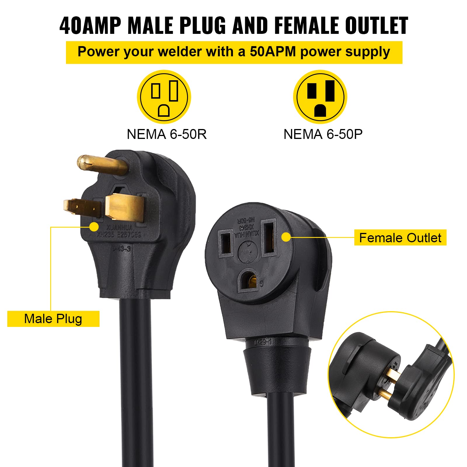 Welding Extension Cord 25ft 40AMP 6-50P/6-50R 8/3 Heavy Duty Welding Cord 8AWG 250V for MIG,Lincoln,Plasma,Miller,TIG
