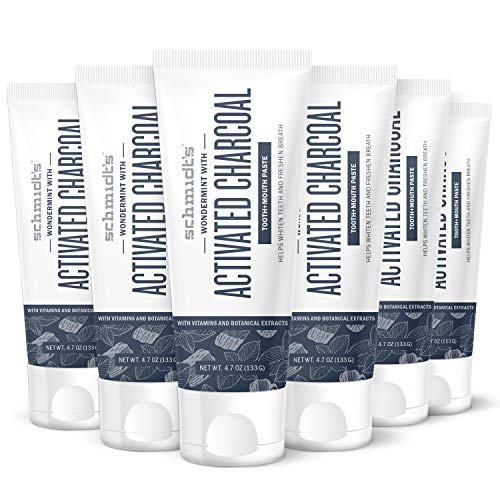 Schmidt's toothpaste with Vitamins and Botanical Extracts, Wondermint with Activated Charcoal, Helps Whiten Teeth, Fluoride Free, 4.7 Ounce (Pack of 6)